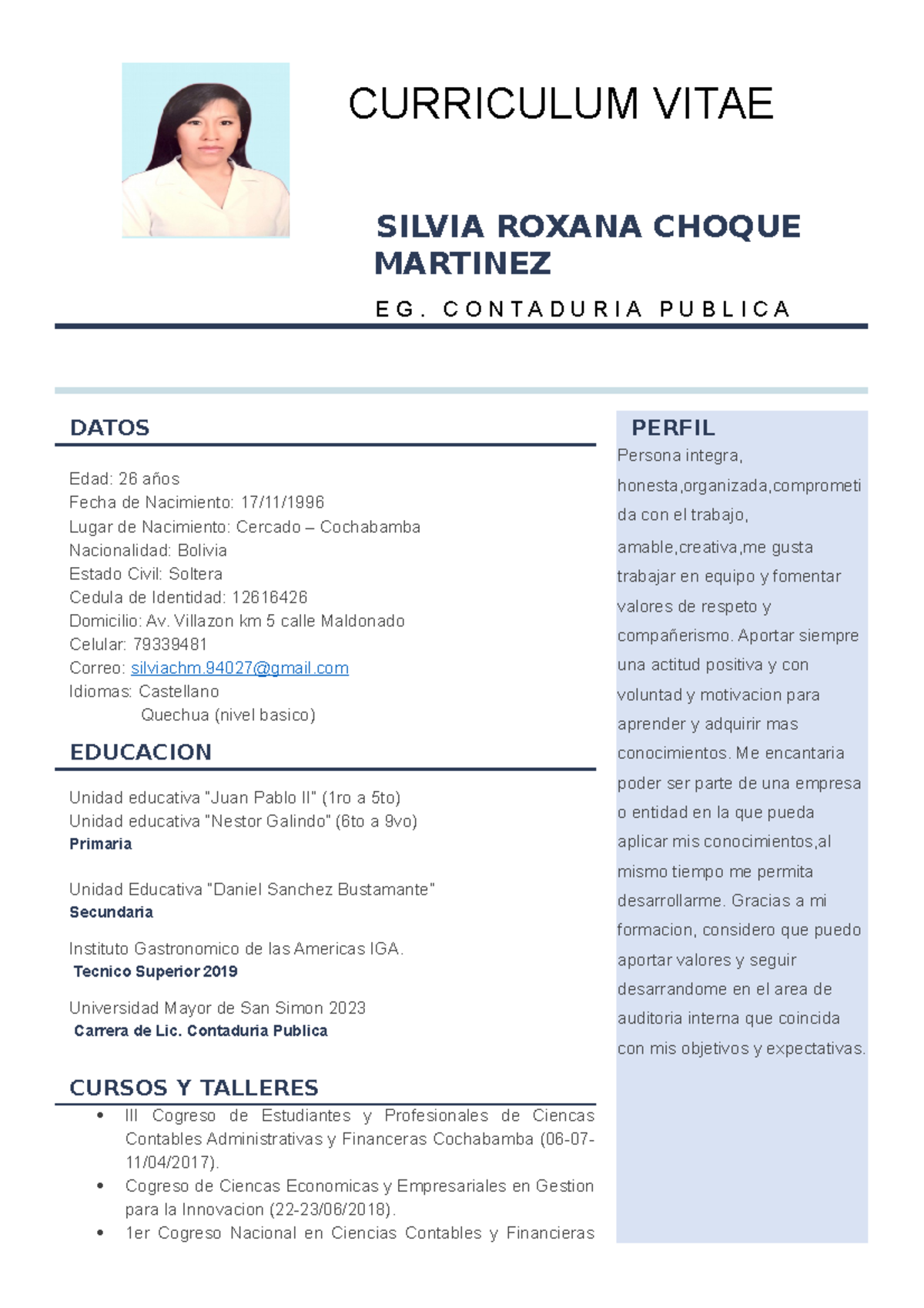 CV.Silvia Roxana Choque Martinez.docx - SILVIA ROXANA CHOQUE MARTINEZ E G. C O N T A D U R I A P ...