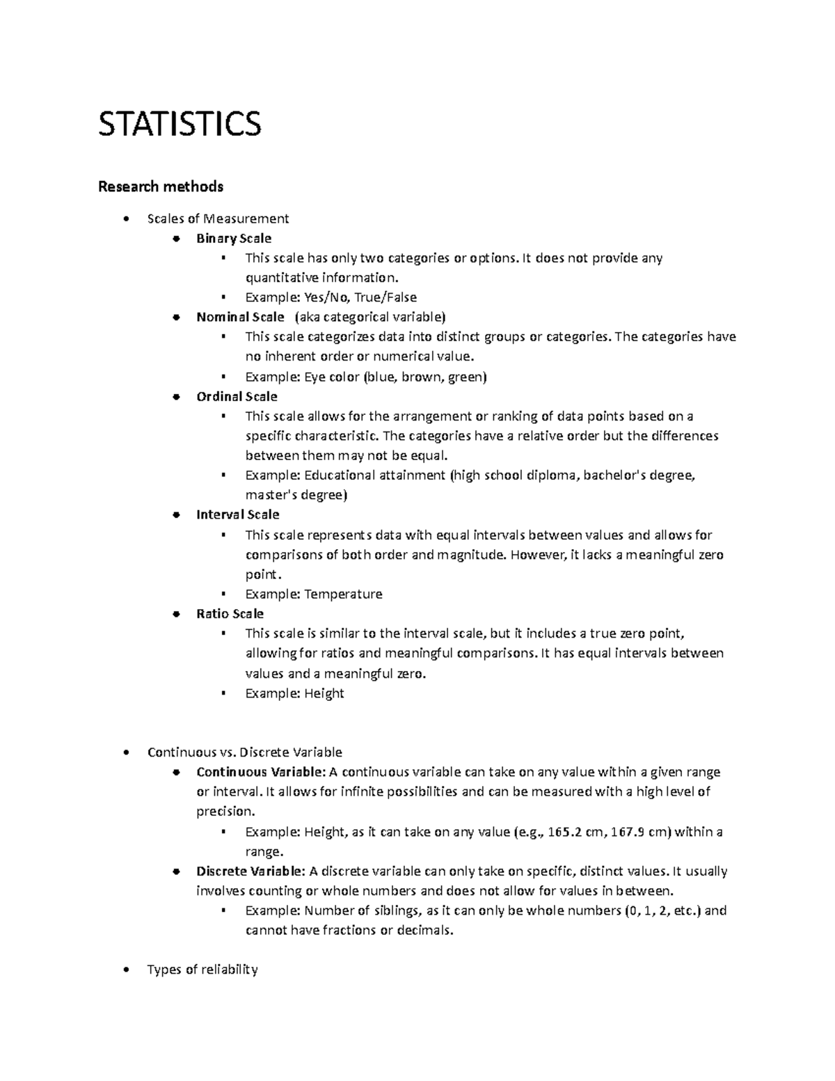 Statistics prep - STATISTICS Research methods Scales of Measurement ...