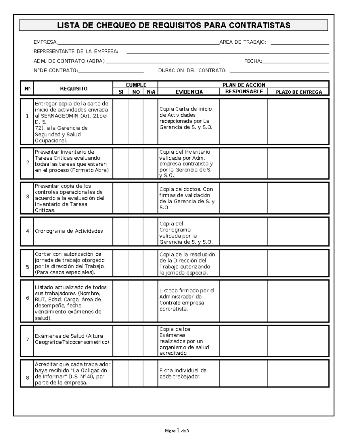Lista DE Chequeo Checklist Carpeta DE Arranque - EMPRESA: AREA DE ...