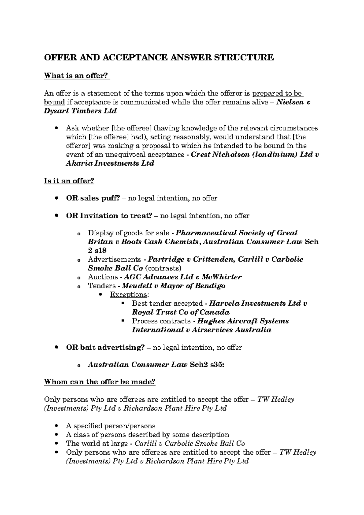 Week 2 - Offer and Acceptance Summary - OFFER AND ACCEPTANCE ANSWER ...