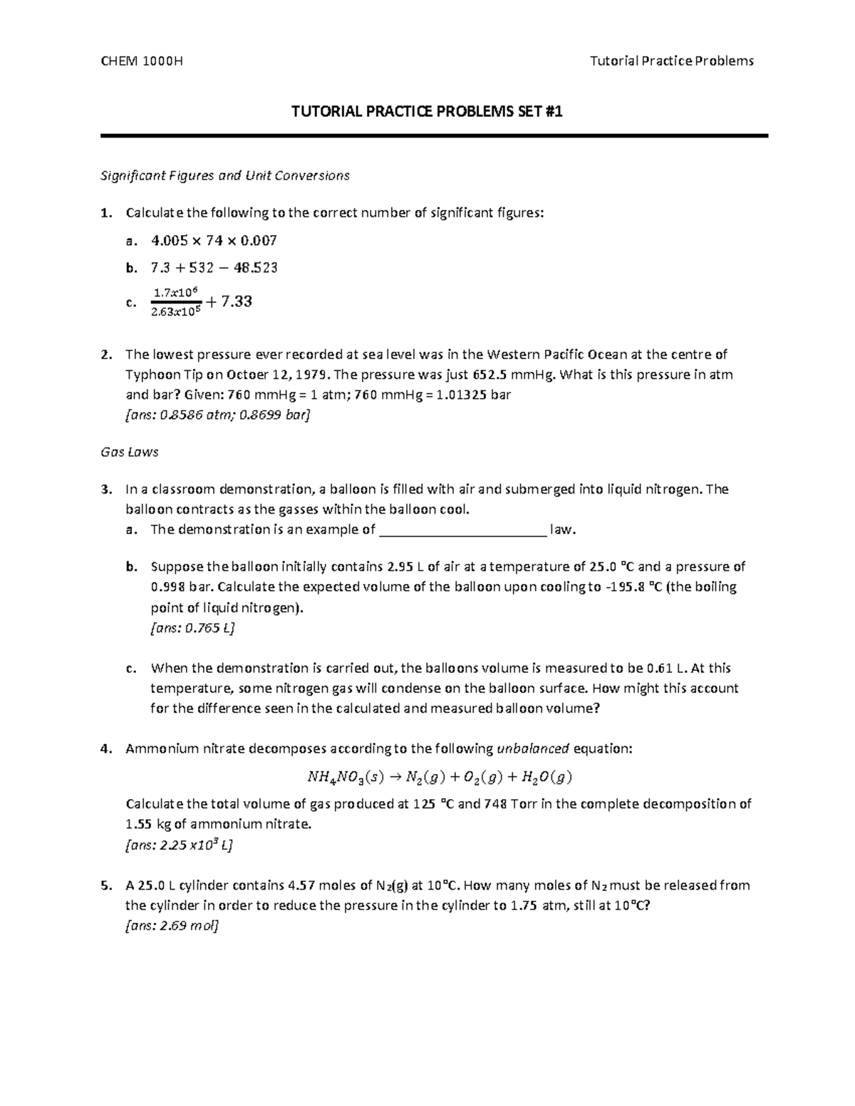 Chem tuto 1 - assignment - CHEM 1000H Tutorial Practice Problems TUTORIAL PRACTICE PROBLEMS SET ...