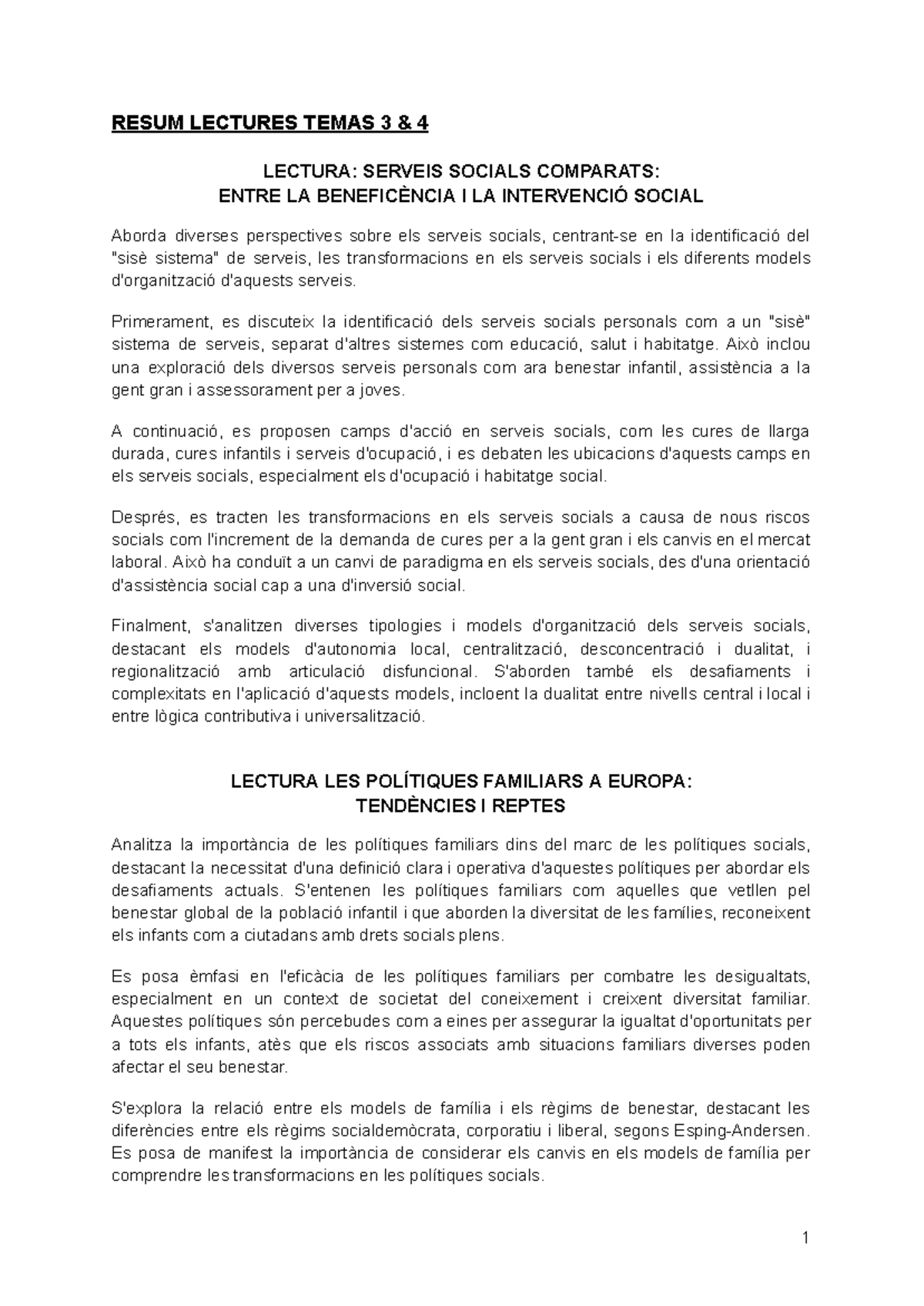 Resum Estructura - RESUM LECTURES TEMAS 3 & 4 LECTURA: SERVEIS SOCIALS COMPARATS: ENTRE LA - Studocu