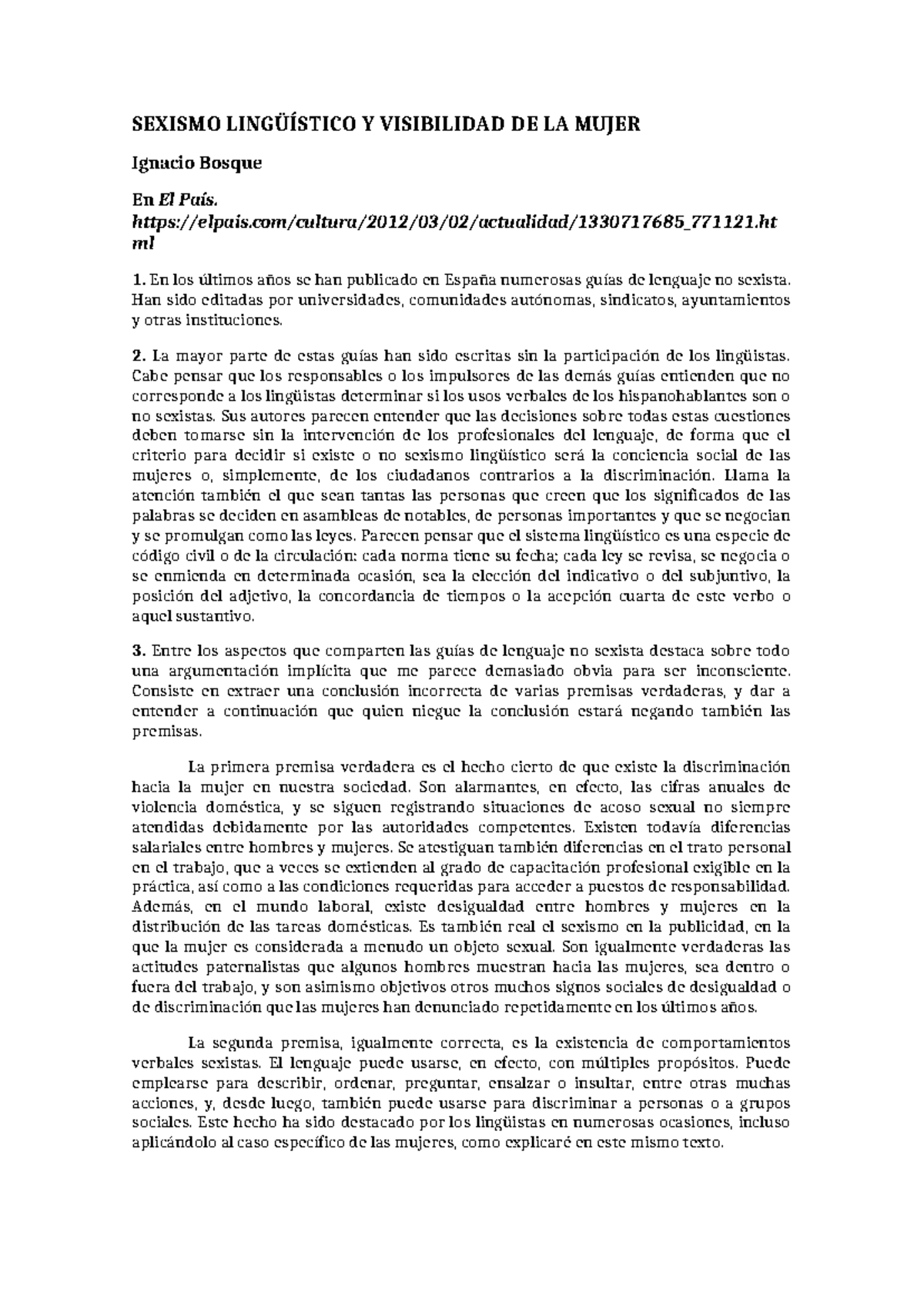Lenguaje inclusivo. Ignacio Bosque - SEXISMO LINGÜÍSTICO Y VISIBILIDAD ...