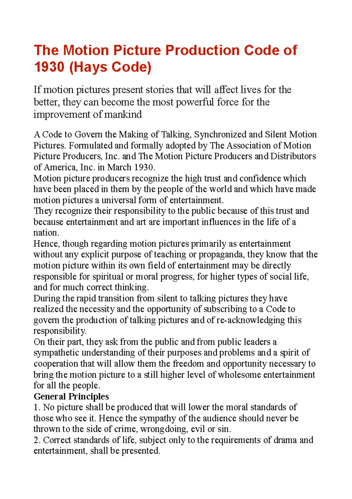 MPP Code of 1930 - Per eventuali esami di cinema, l'intero Codice Hayes - The Motion Picture ...