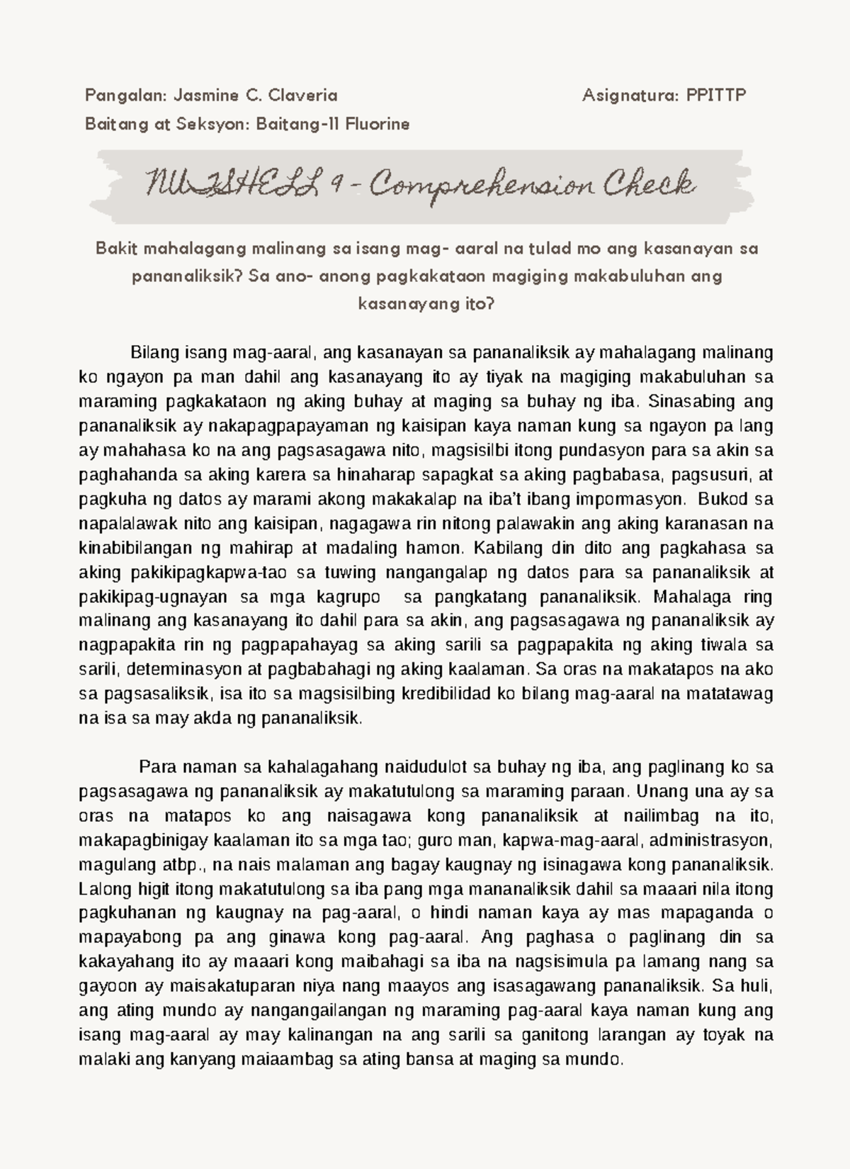 Nutshell 9 -Comprehension Check - Bakit mahalagang malinang sa isang ...