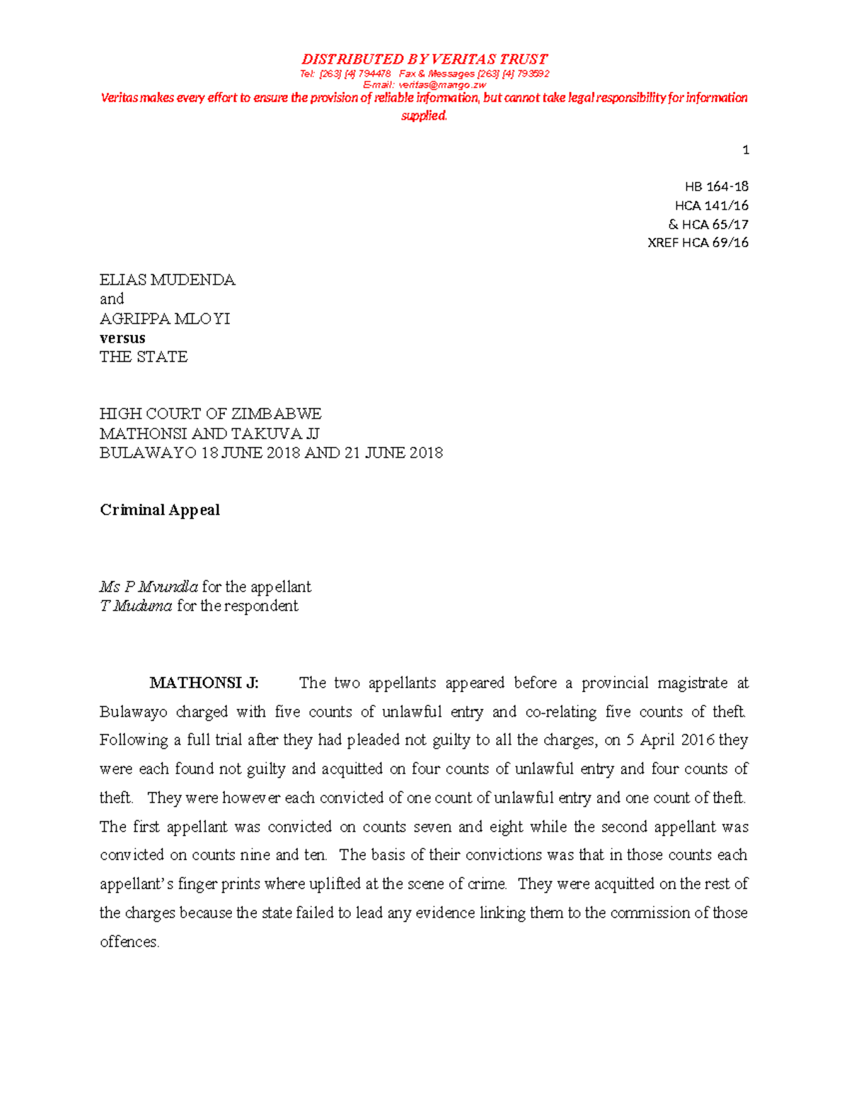 Fingerprint case - Notes - Tel: [263] [4] 794478 Fax & Messages [263 ...