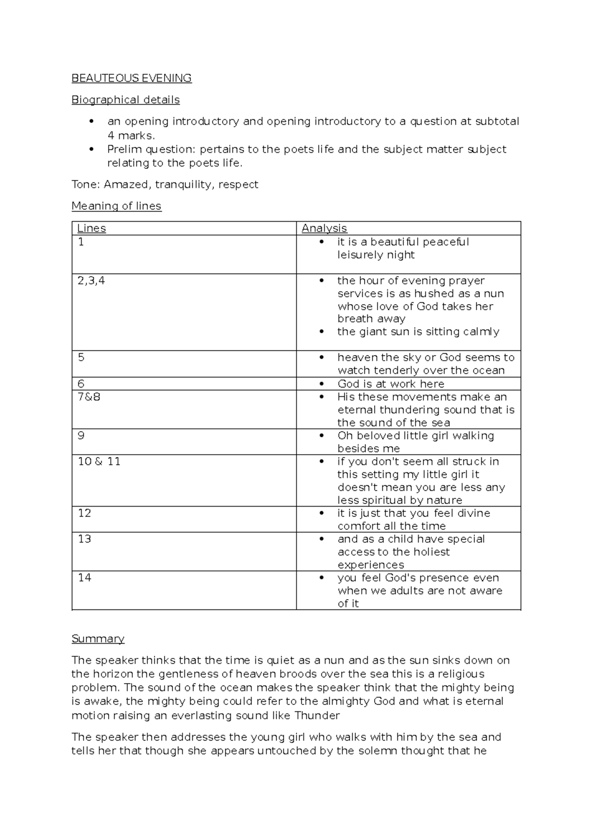 Beautious evening - Poem Analysis - BEAUTEOUS EVENING Biographical details an opening ...