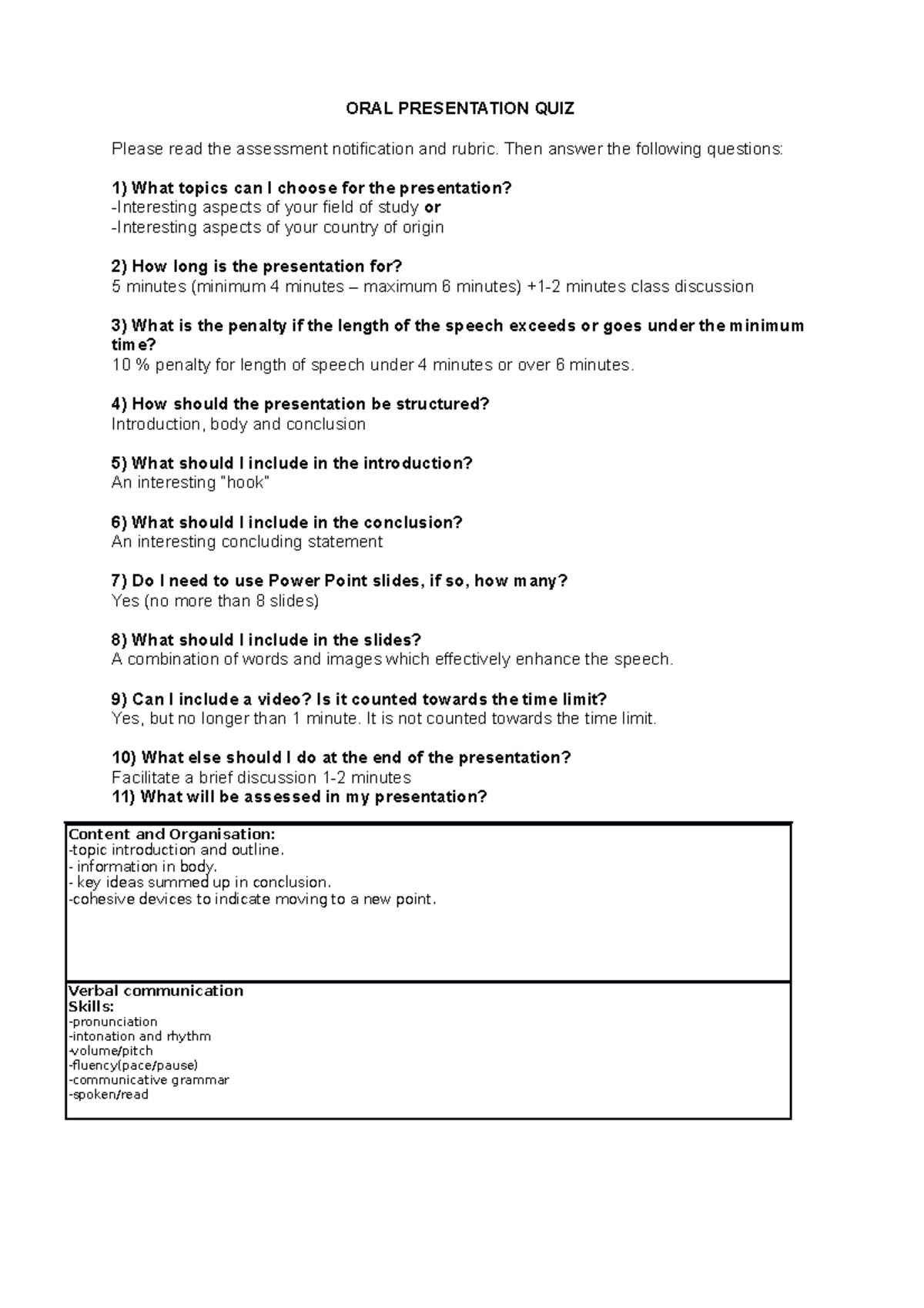 Oral Presentation Quiz - Students - ORAL PRESENTATION QUIZ Please read ...