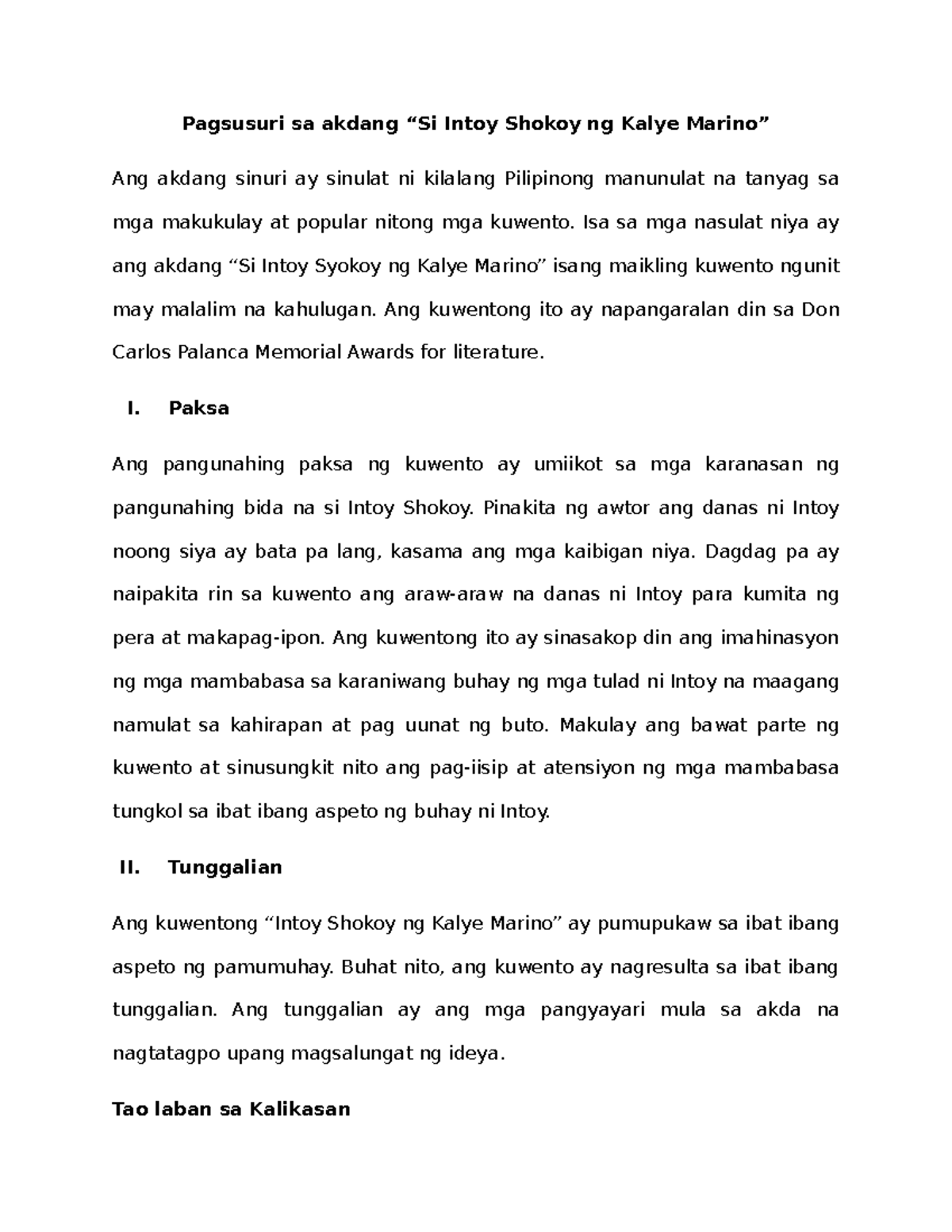 Pagsusuri sa akdang “Si Intoy Shokoy ng Kalye Marino” - Isa sa mga nasulat niya ay ang akdang ...