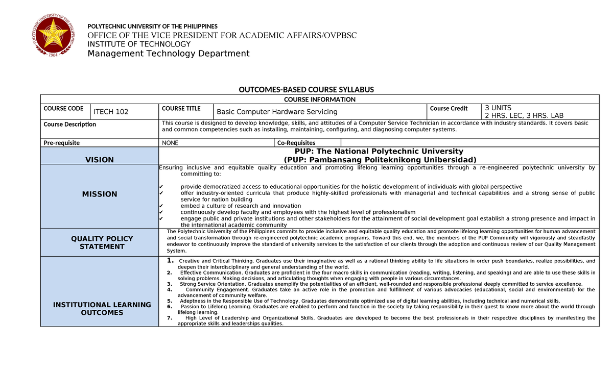 ITEC-102- Basic- Computer- Hardware-NEW 2024 - OFFICE OF THE VICE PRESIDENT FOR ACADEMIC - Studocu