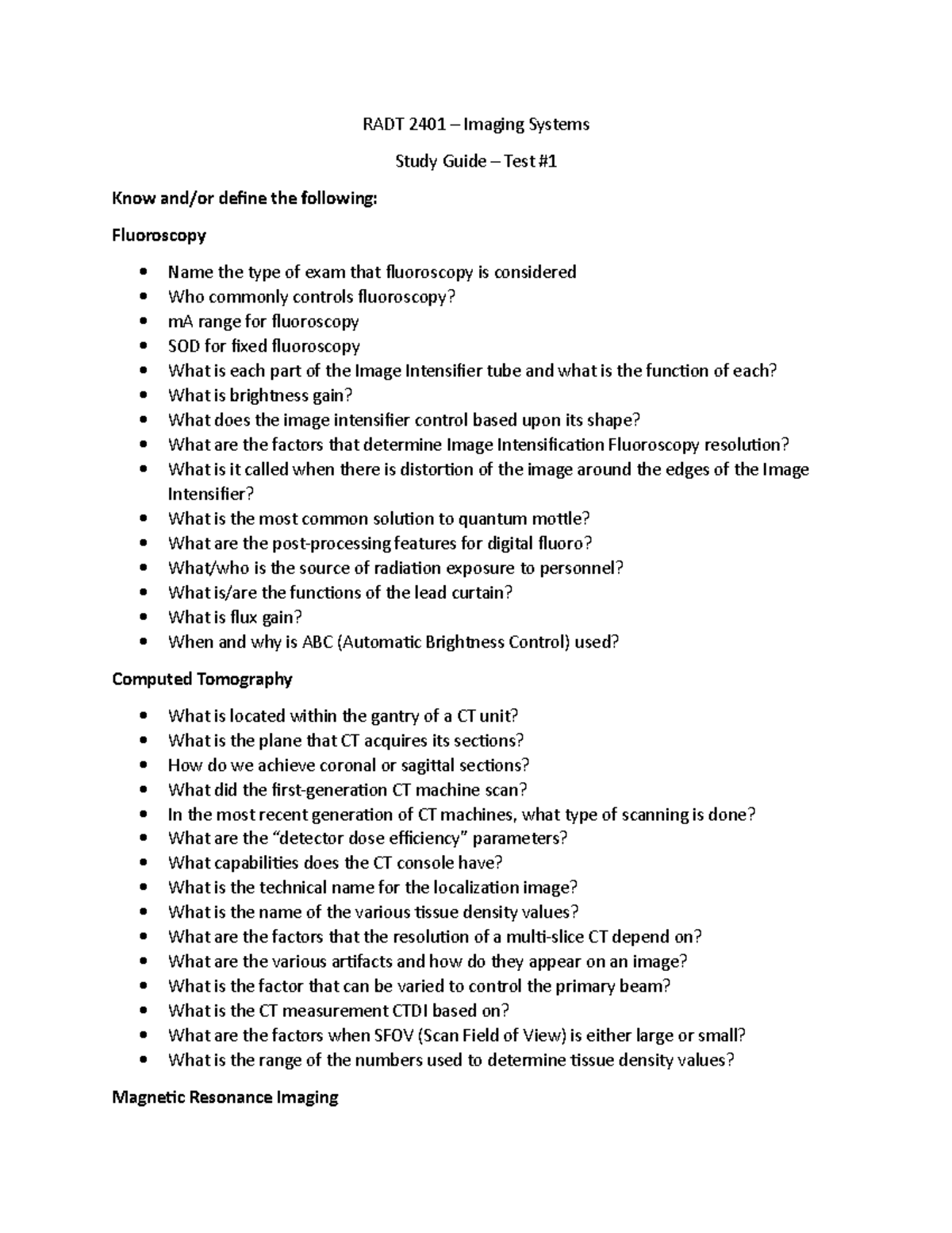 RADT 2401 Study Guide #1 - RADT 2401 – Imaging Systems Study Guide ...