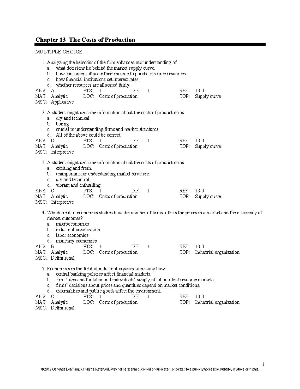 CH 6- COST - Test Bank - 1 Chapter 13 The Costs of Production MULTIPLE ...