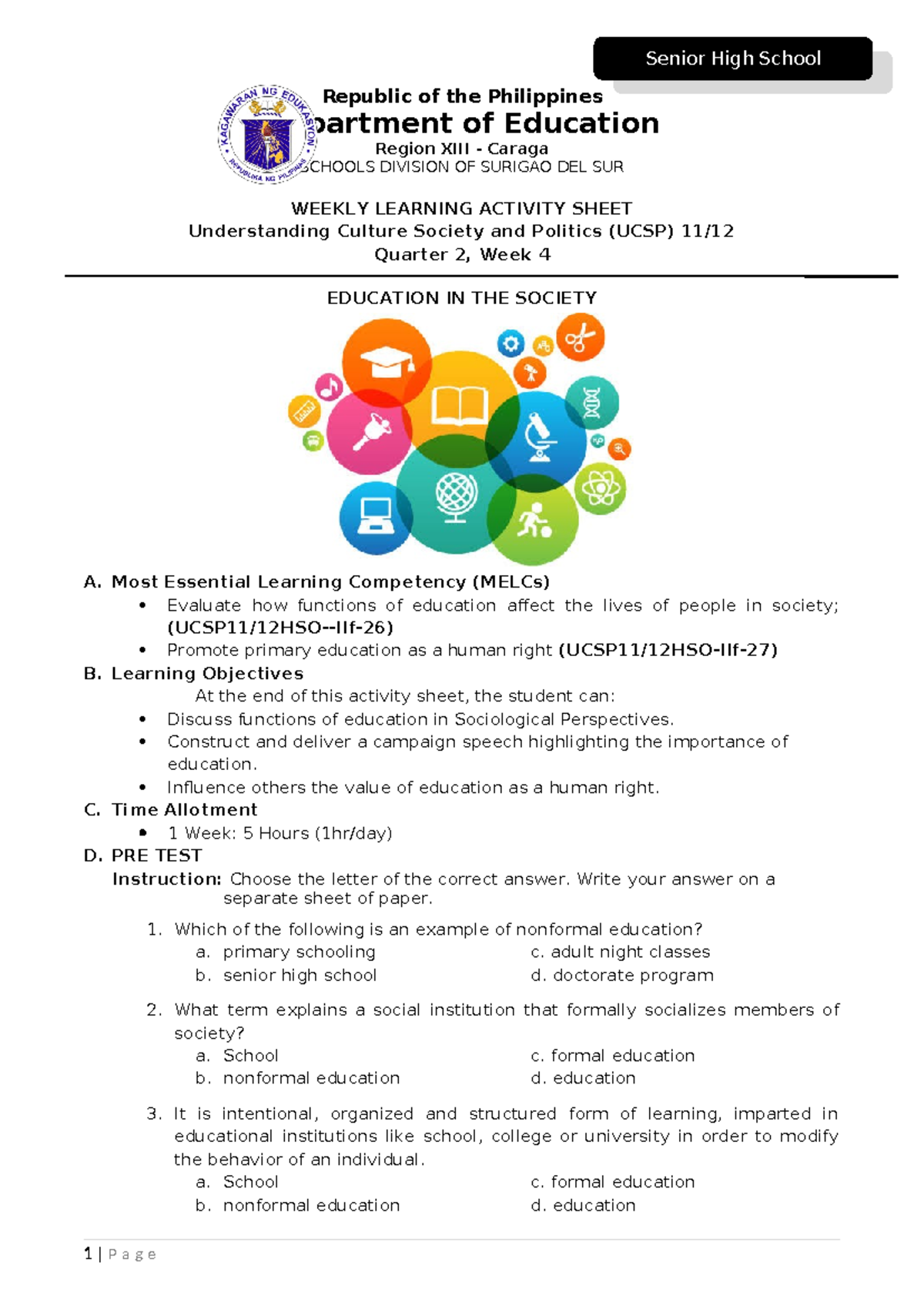 learning activity sheet for UCSP - Republic of the Philippines Department of Education Region ...