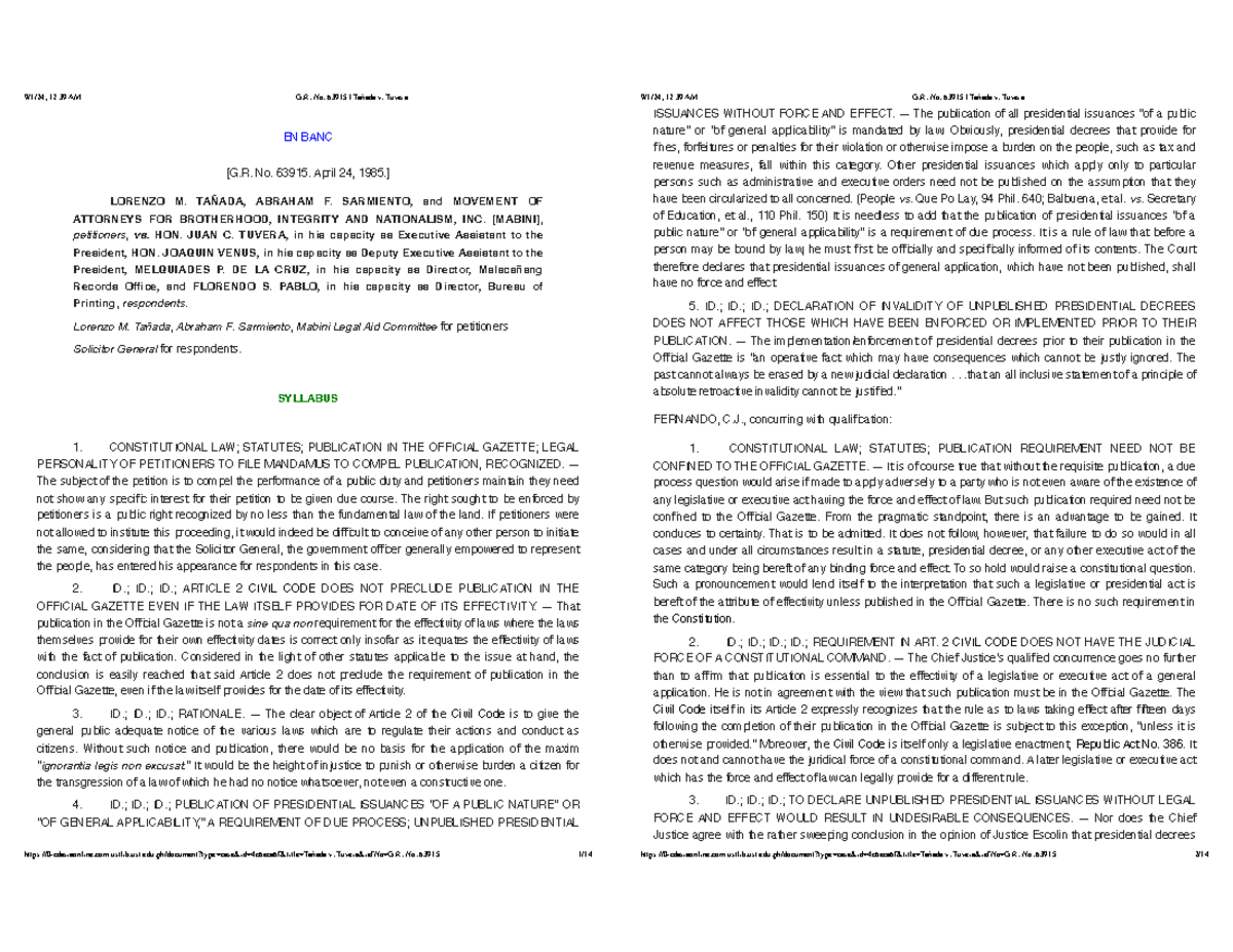 G.R. No. 63915 Tañada v. Tuvera - EN BANC [G. No. 63915. April 24, 1985 ...