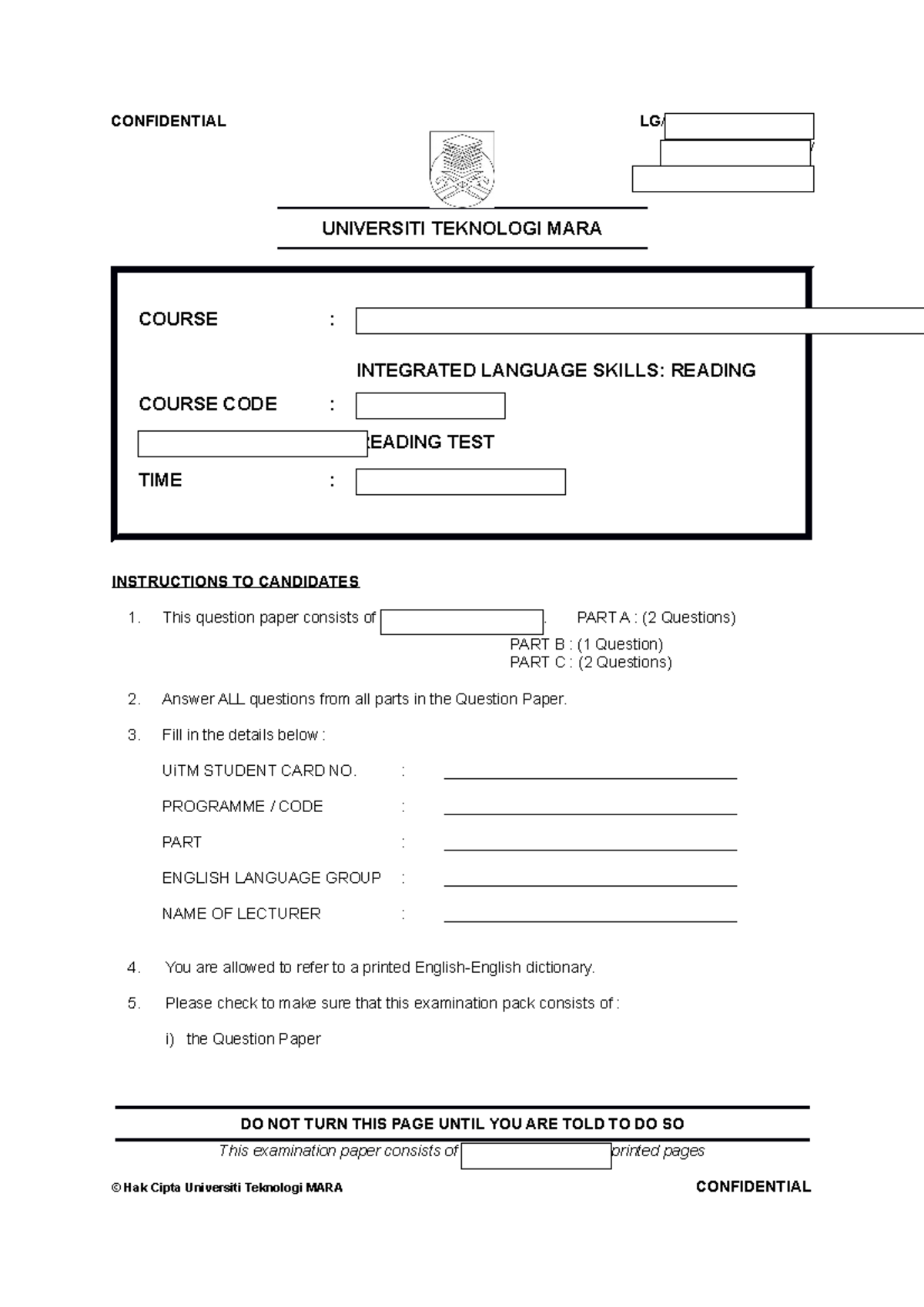 ELC151 Reading QP SET 2 - CONFIDENTIAL LG/ / UNIVERSITI TEKNOLOGI MARA ...