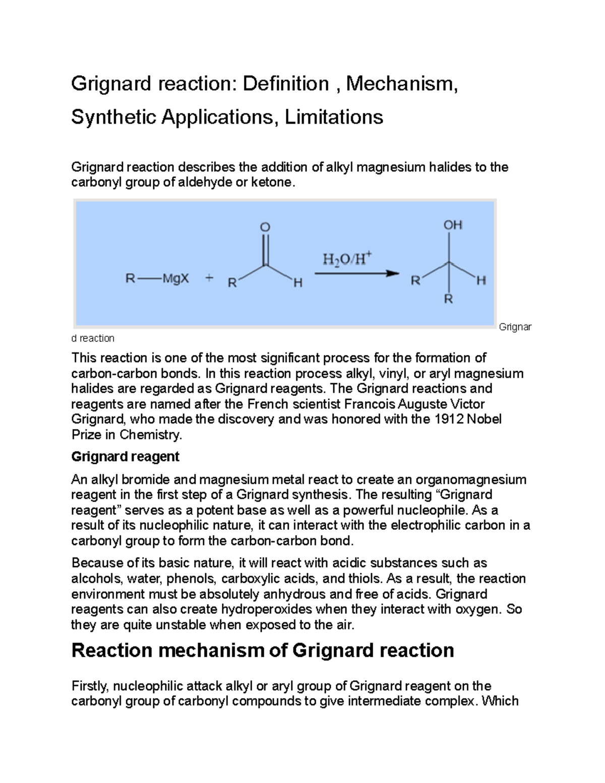 Grignard reaction Definition , Mechanism, Synthetic Applications, Limitations - Grignar d ...