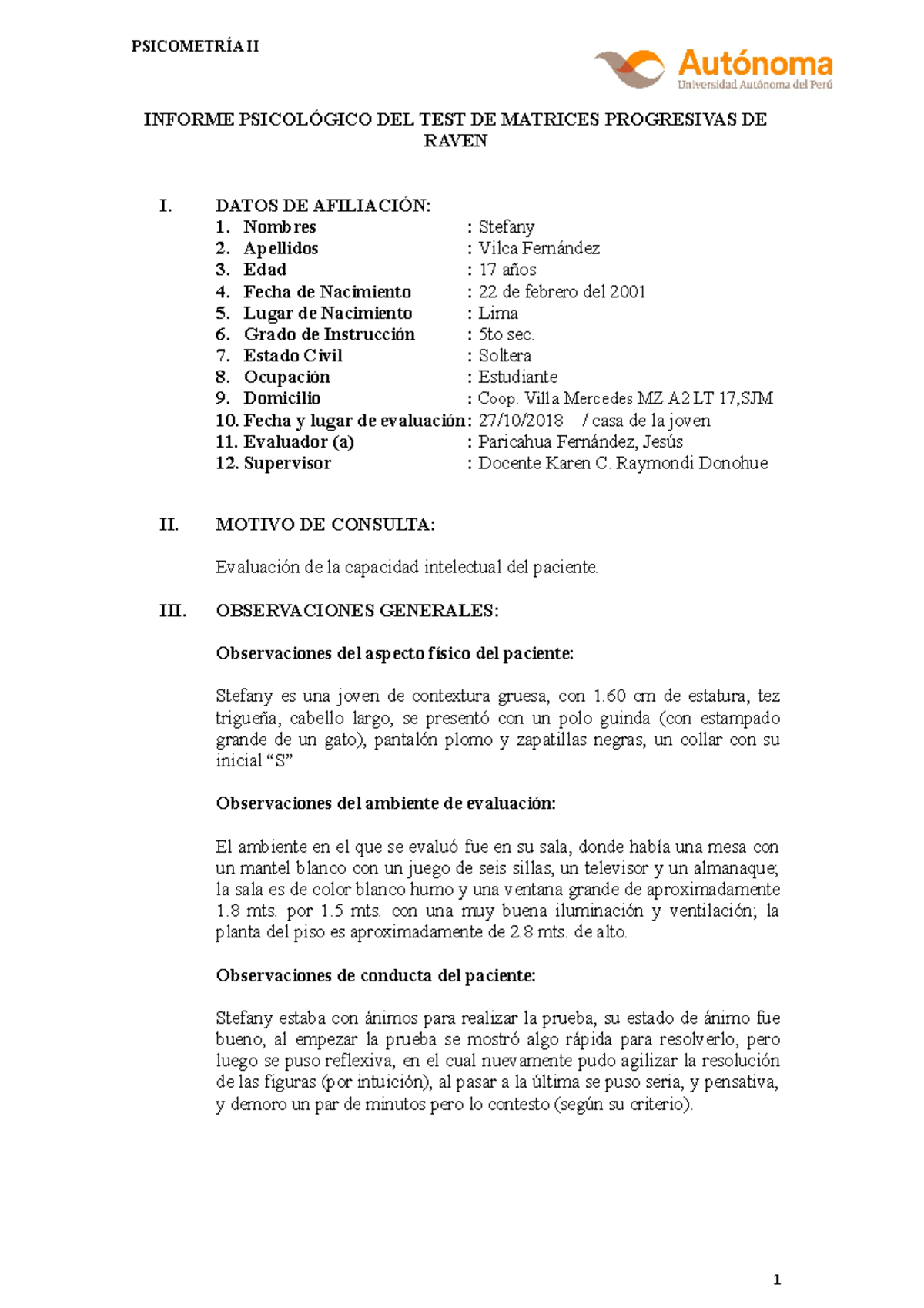 426724316 Informe Psicologico de Raven - PSICOMETRÍA II INFORME ...