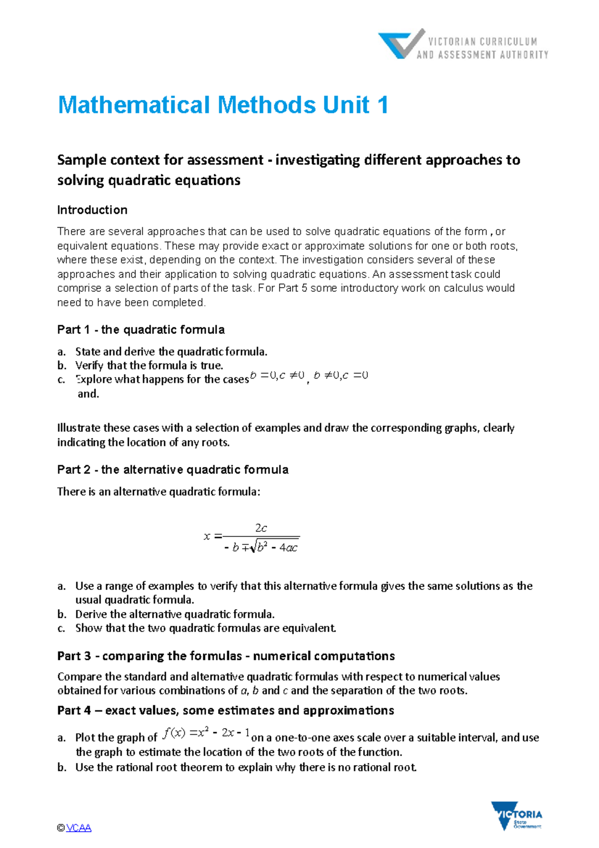 Invest diff appr to solv quad equations - Mathematical Methods Unit 1 Sample context for ...