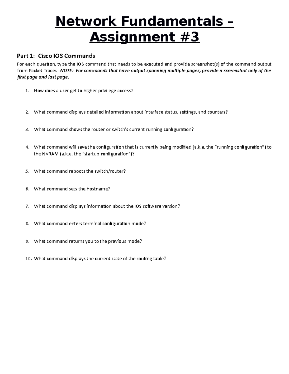 Info1025 Practical Assignment 3 Network Fundamentals Assignment Part 1 Cisco Ios Commands
