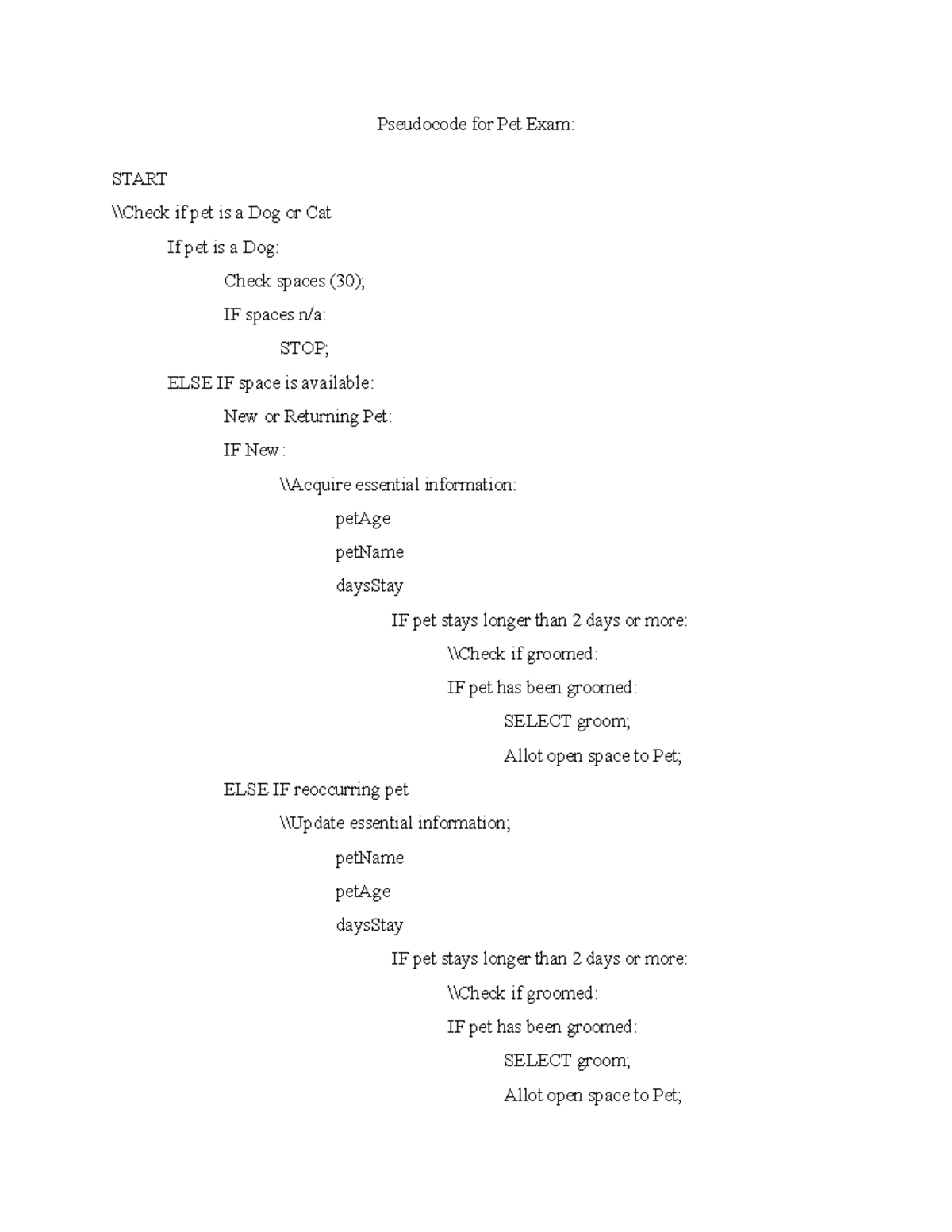 IT 145 1-6 Milestone - Pseudocode for Pet Exam: START \Check if pet is ...