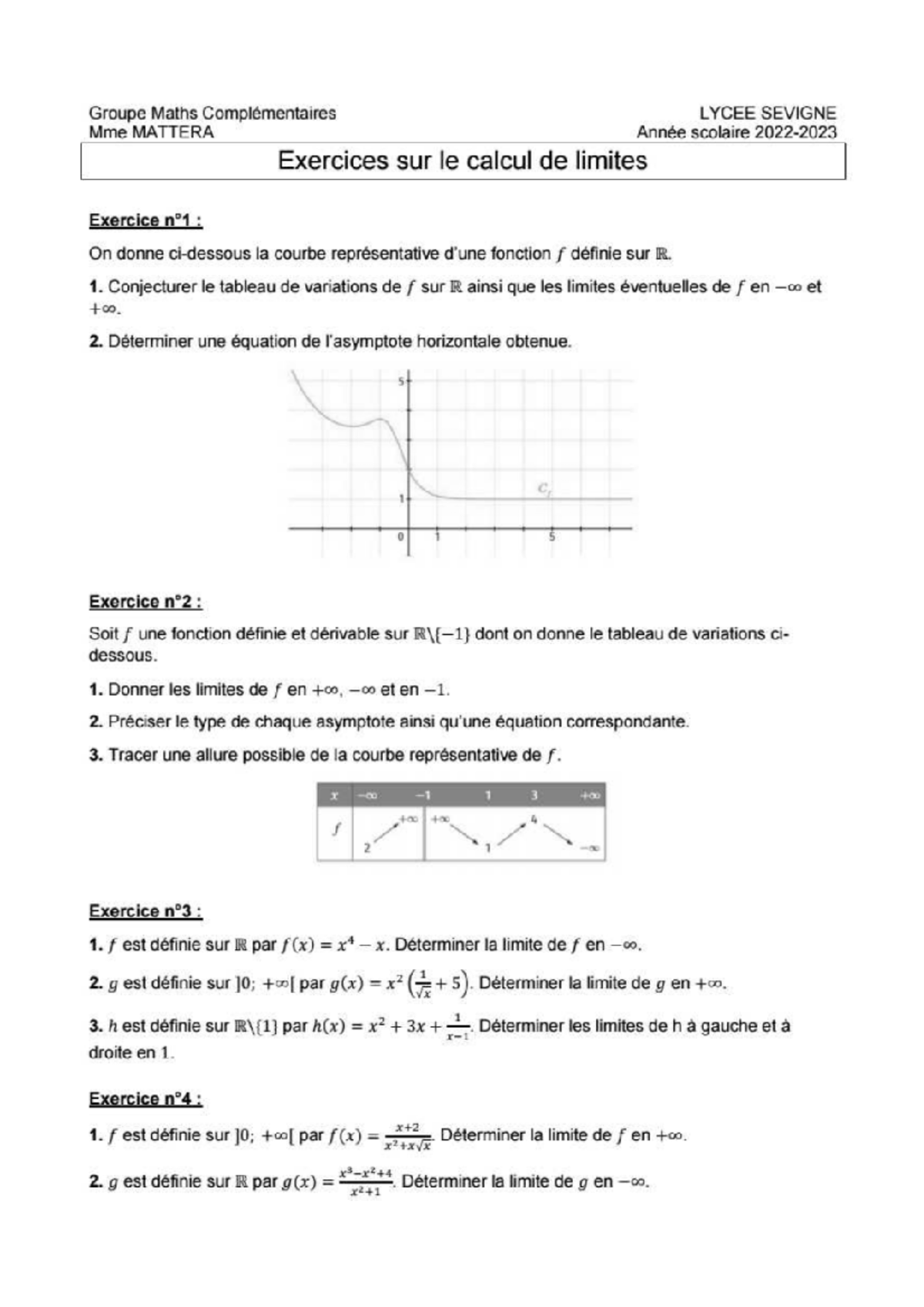 Exercices Limites DE Fonction - Groupe Maths Complémentaires LYCEE ...
