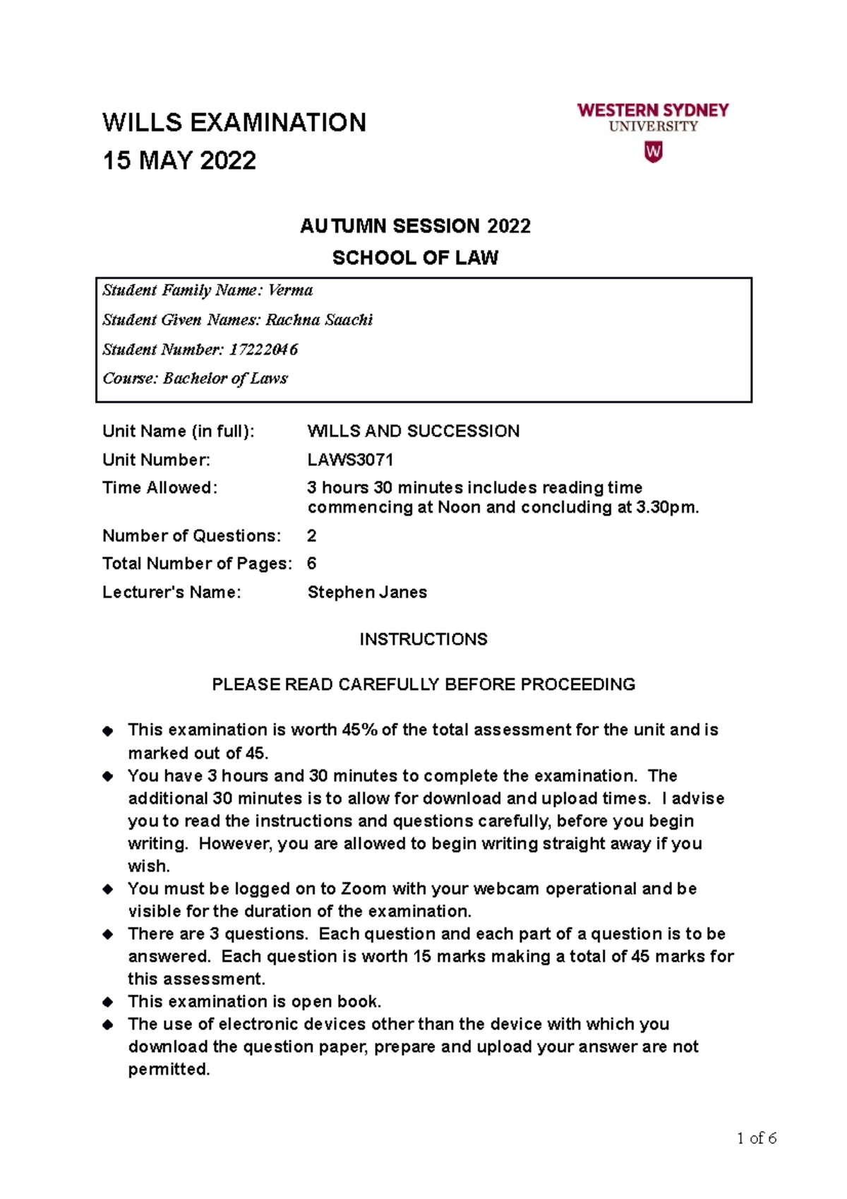 Wills Exam 2022.1 - WILLS EXAMINATION 15 MAY 2022 AUTUMN SESSION 2022 ...