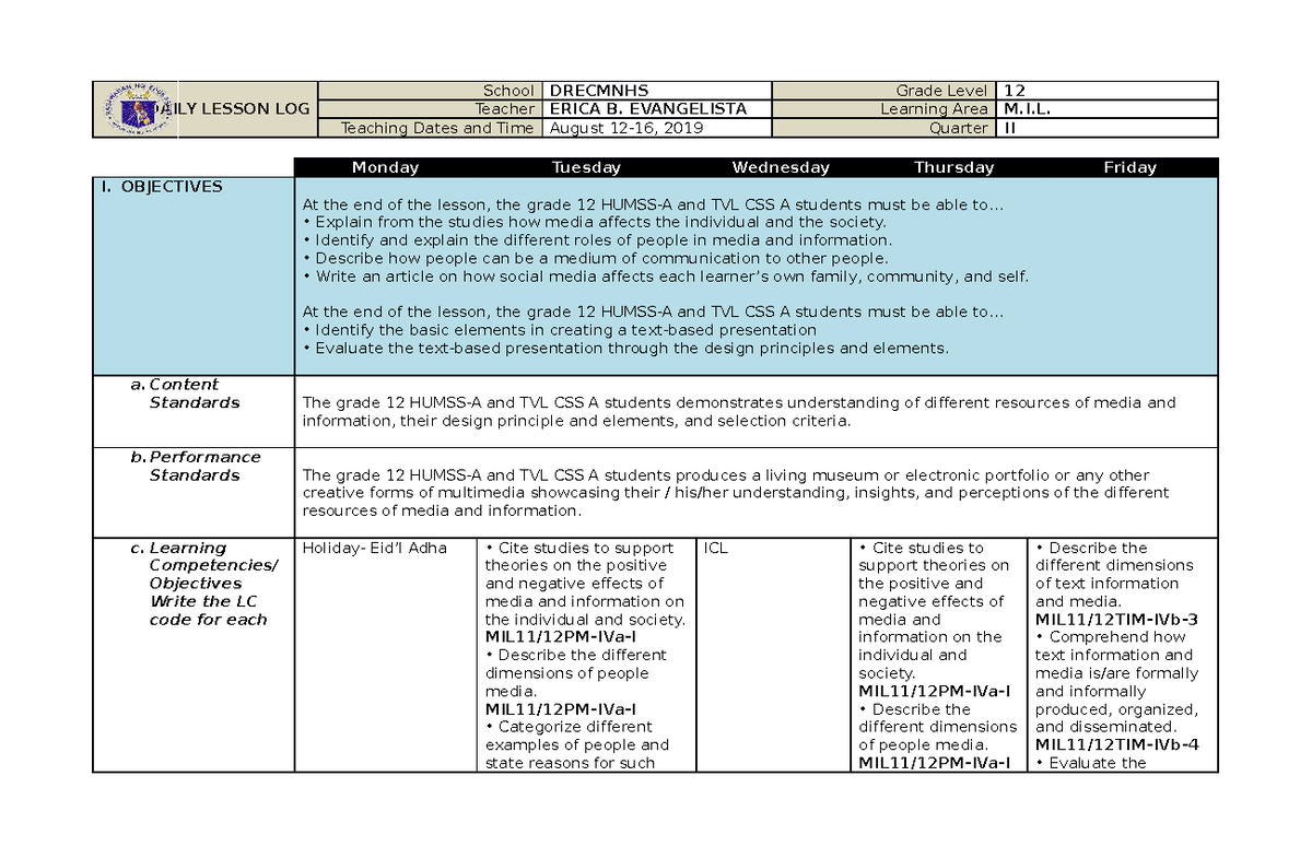 Daily Lesson Log - DAILY LESSON LOG School DRECMNHS Grade Level 12 ...