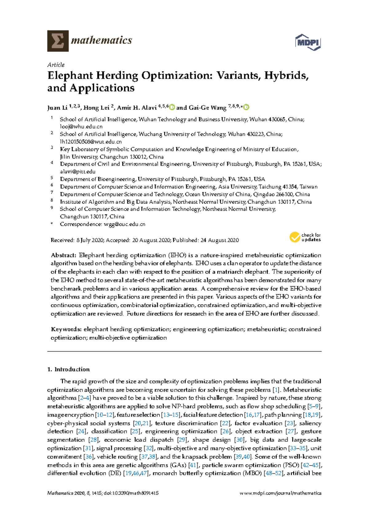 Elephant Herding Optimization - mathematics Article Elephant Herding Optimization: Variants ...