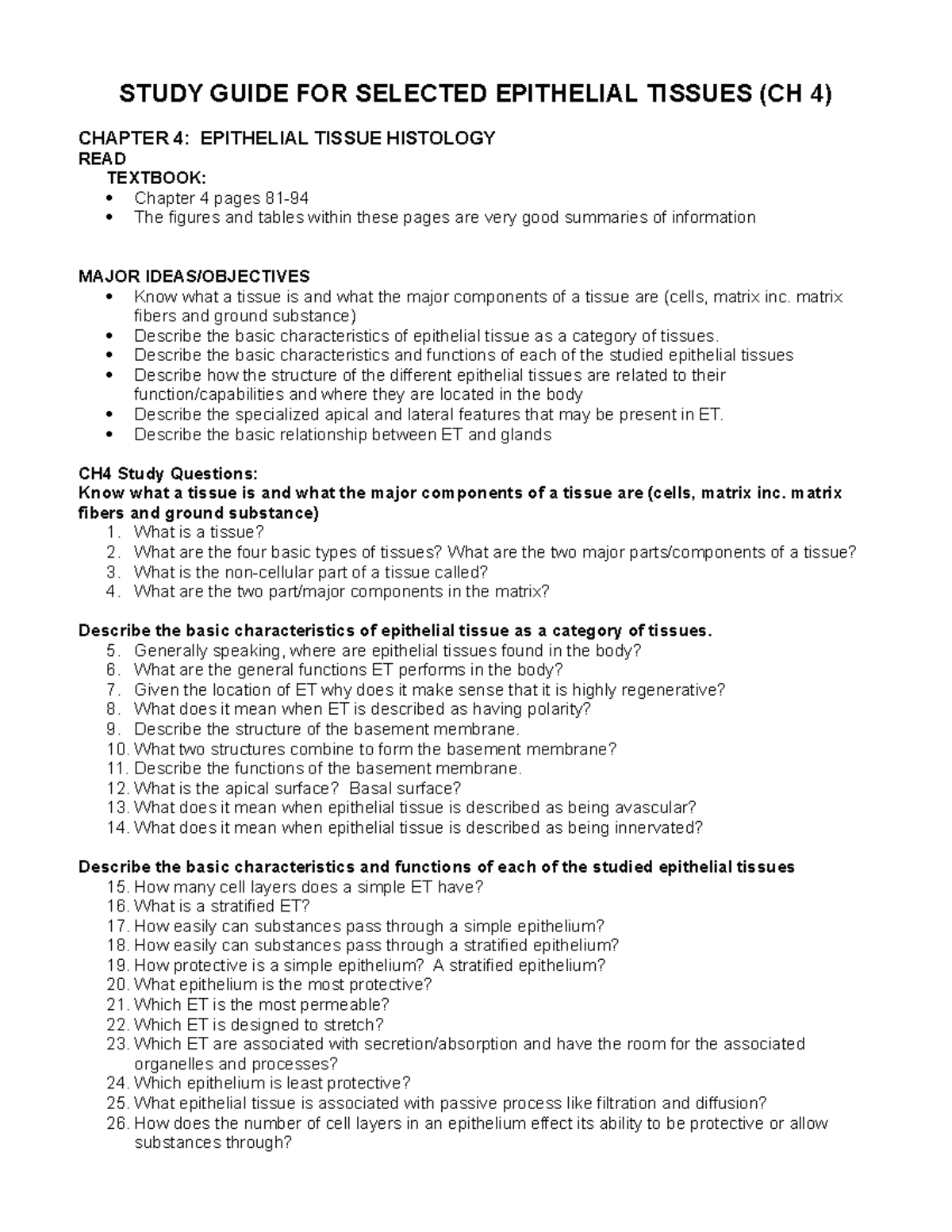 Ch. 4 Tissue (Epithelial) Study Guide - STUDY GUIDE FOR SELECTED ...
