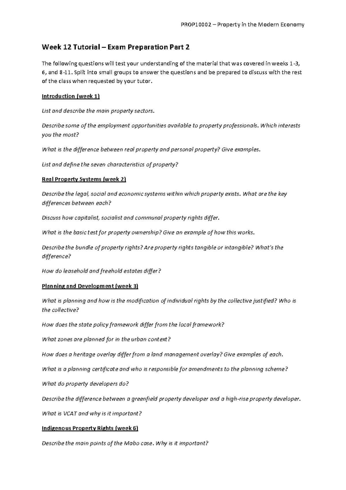 Week 12 Tutorial Revision - PROP10002 – Property in the Modern Economy ...