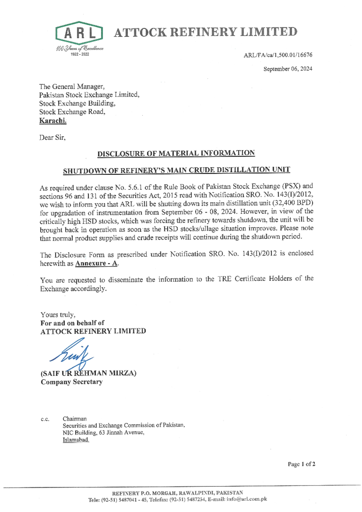 Material111111111 - ARL ATTOCK REFINERY LIMITED 1922 2022 September 06 ...