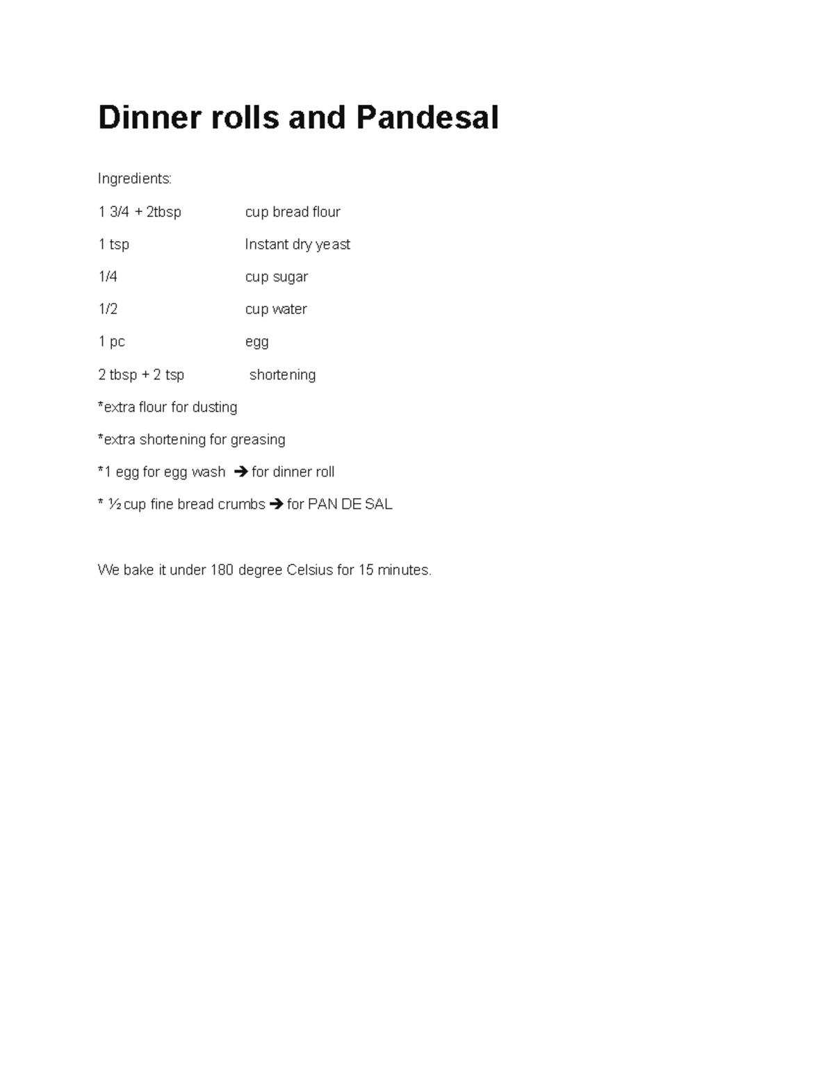 Recipes for BPP NCII - lecture notes - Dinner rolls and Pandesal ...