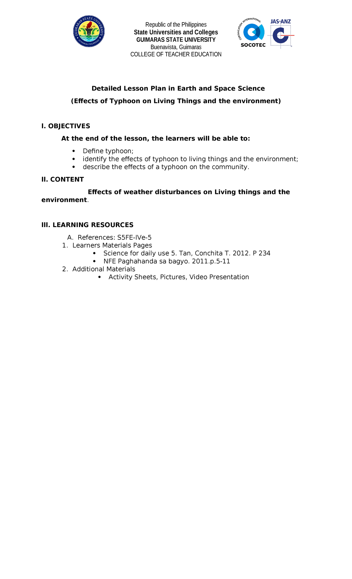 Detailed Lesson Plan in Earth and Space Science - OBJECTIVES ####### At ...