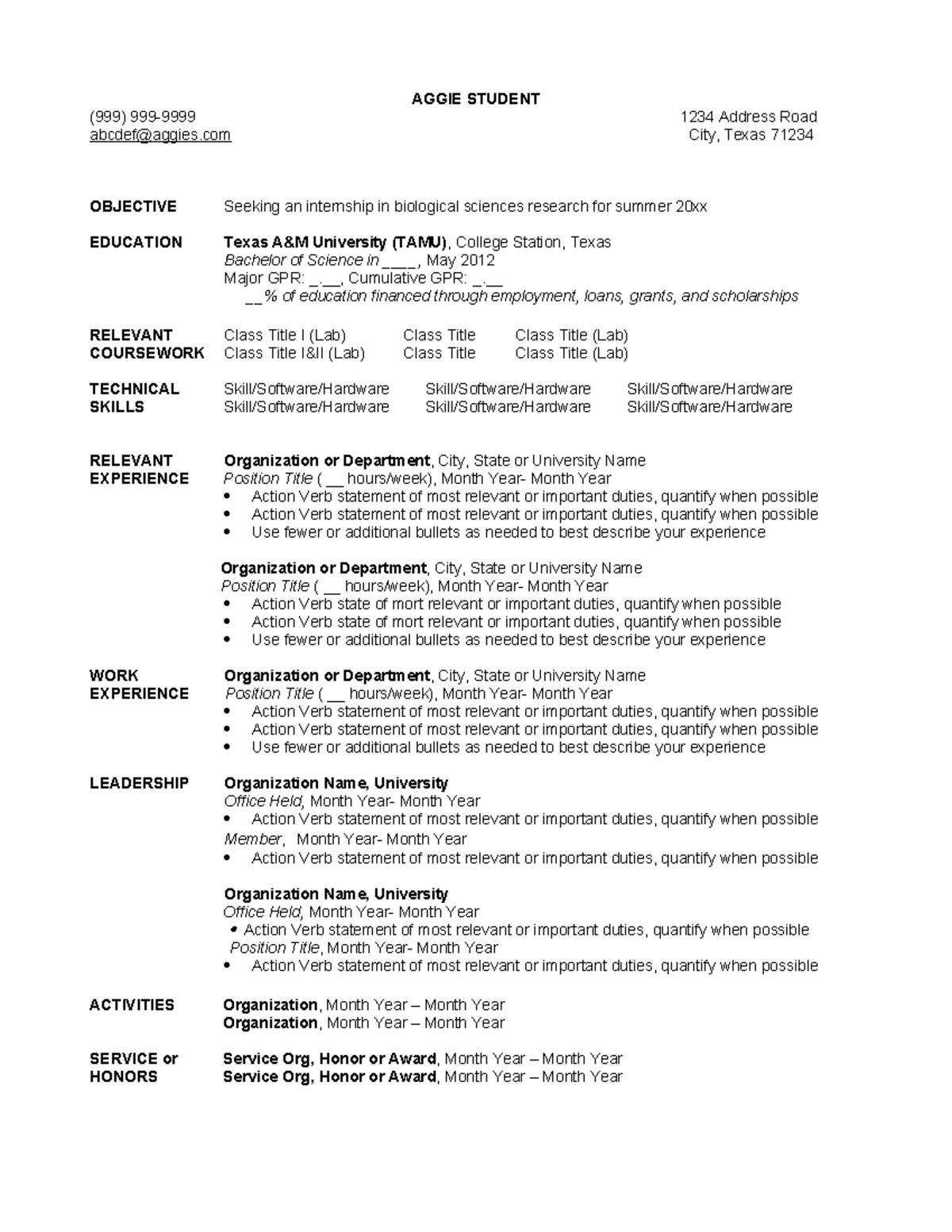 Resume Template 2-Revamp - AGGIE STUDENT (999) 999-9999 1234 Address ...