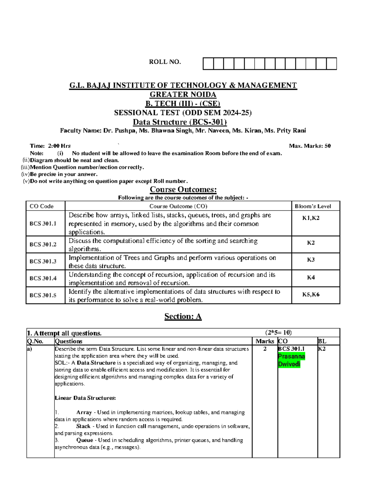 ST1 DATA Structure Solution - ROLL NO. G. BAJAJ INSTITUTE OF TECHNOLOGY ...