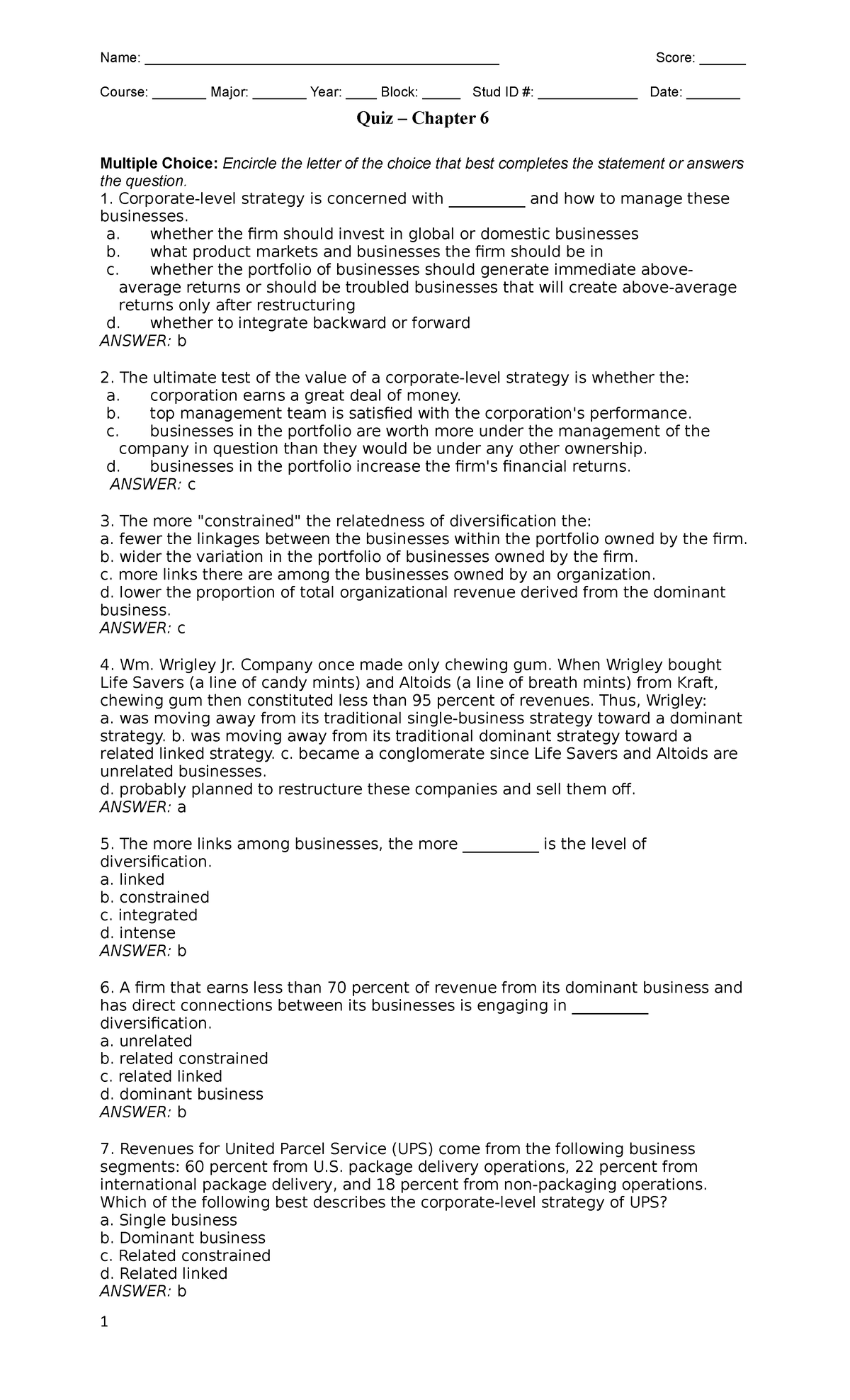 SM Quiz 6 Answer Key - BSBA - Course: _______ Major: _______ Year ...