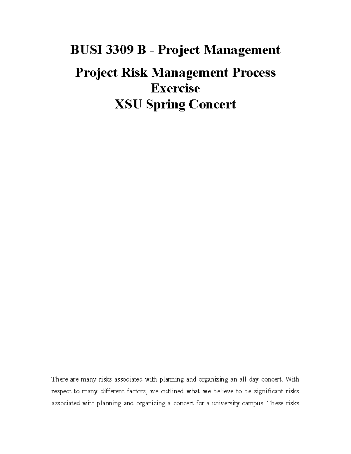 BUSI 3309 Risk Analysis - BUSI 3309 B - Project Management Project Risk ...