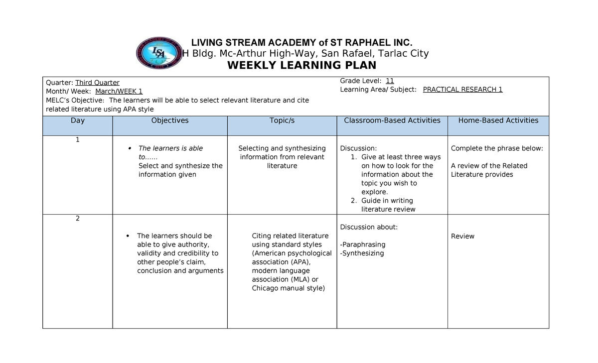 Weekly Learning Plan-PR1 - March WEEK 1 - LIVING STREAM ACADEMY of ST ...