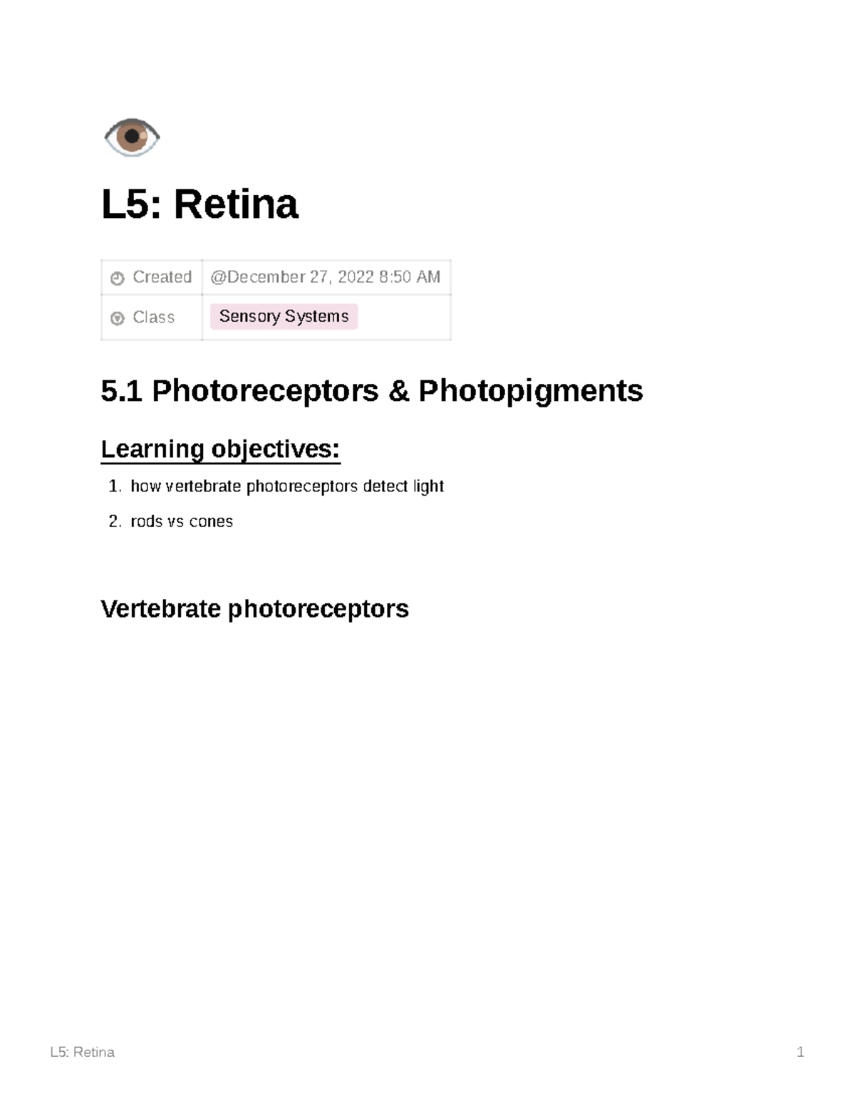 L5 Retina - Lecture notes - / L5: Retina Created Class Sensory Systems ...