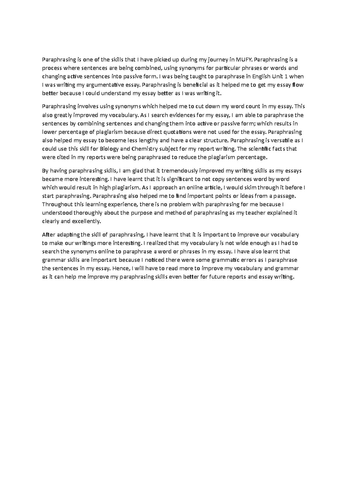 Reflective Writing Task - Paraphrasing is one of the skills that I have ...