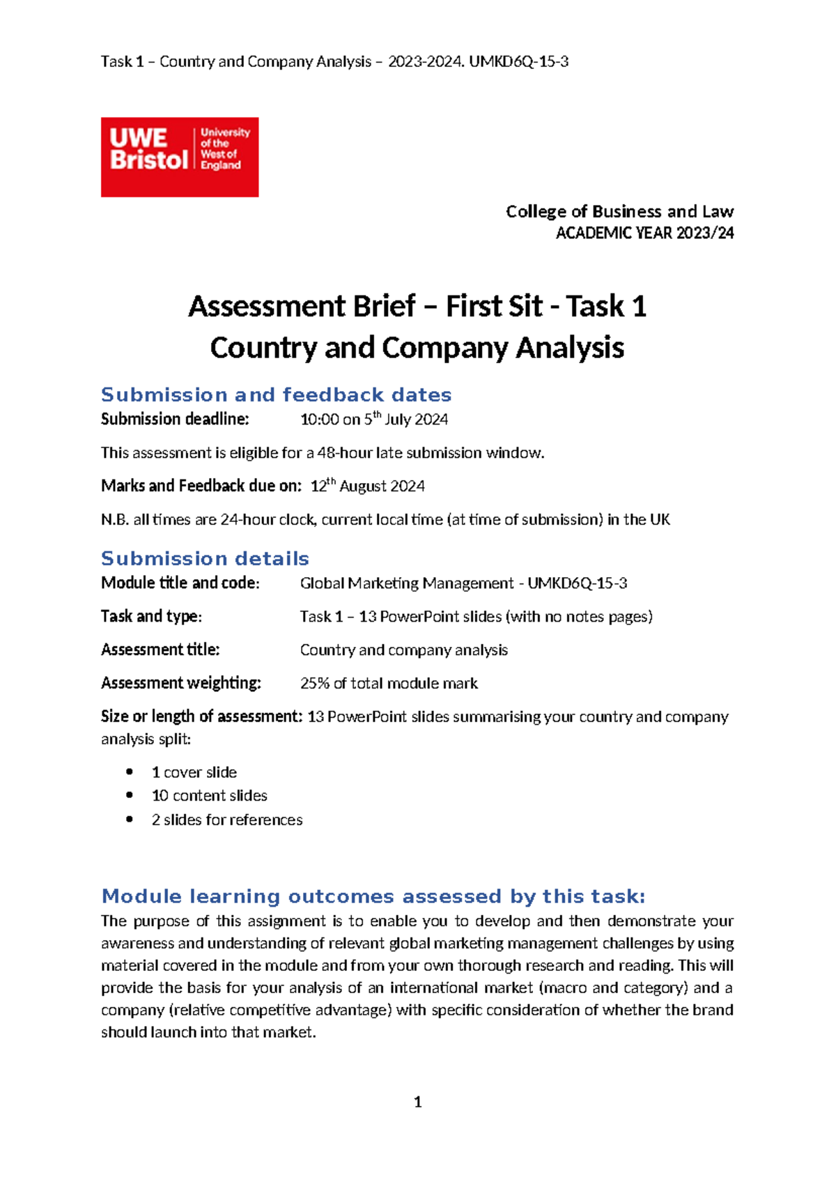 semester Task 1 Assessment Brief first sit - College of Business and ...