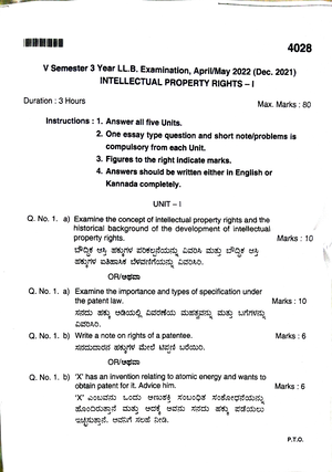 IPR 1 - KSLU Previous Year Question Bank - IPR 1 Unit 1 Q1. The ...
