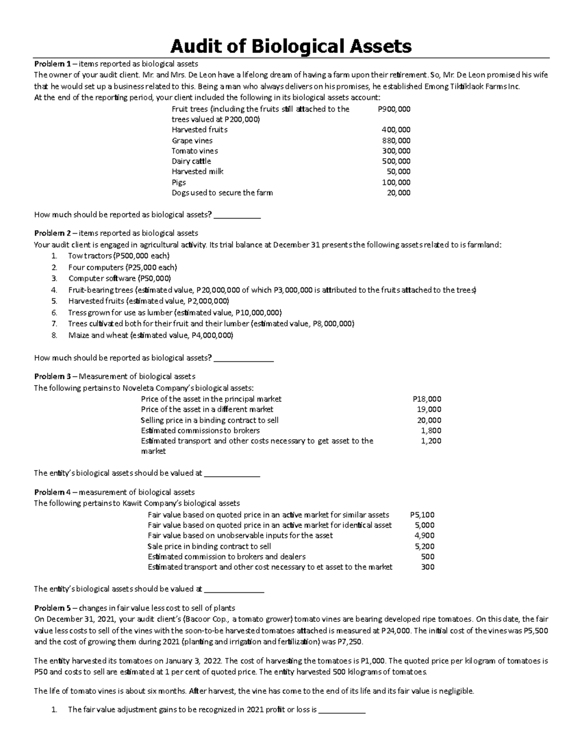 Audit of Biological Assets - Audit of Biological Assets Problem 1 ...
