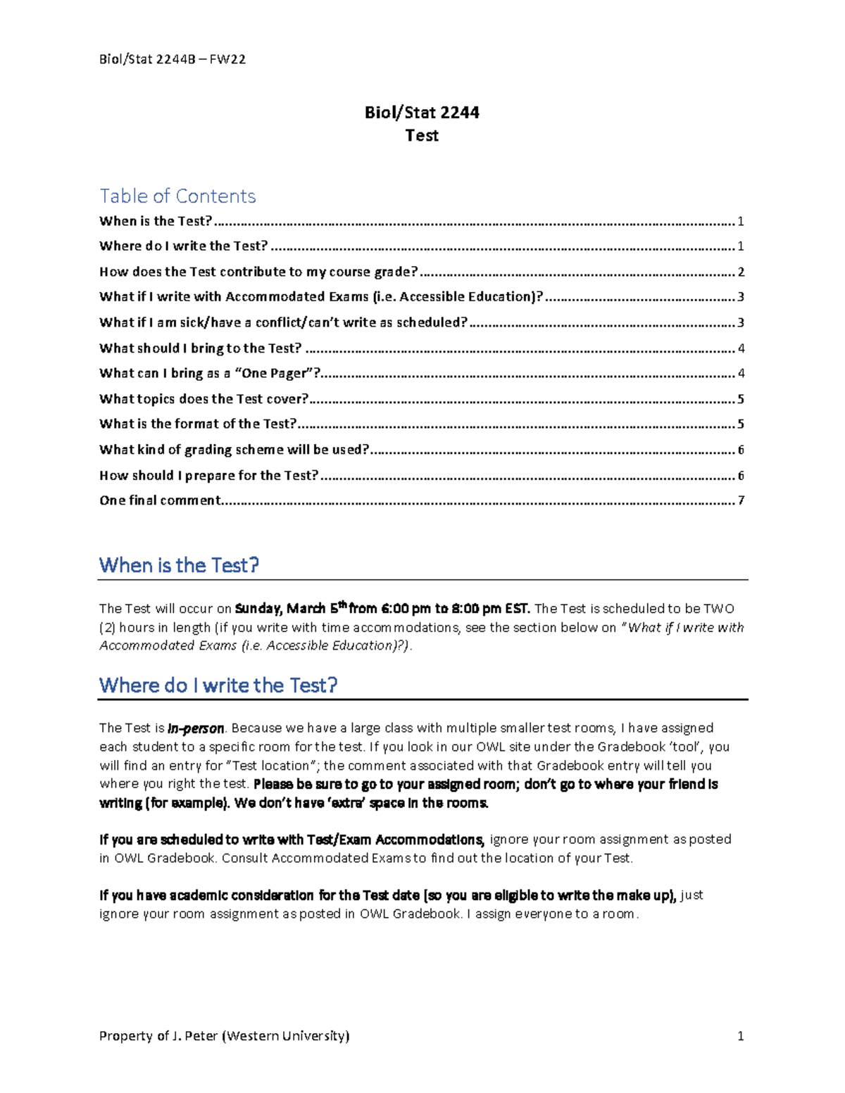 Test - Description and Instructions - Biol/Stat 2244 Test Table of ...