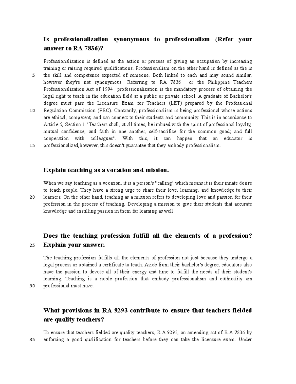 QUIZ 1 PROF ED5 - Quiz 1 in Prof Ed 5 - Is professionalization ...