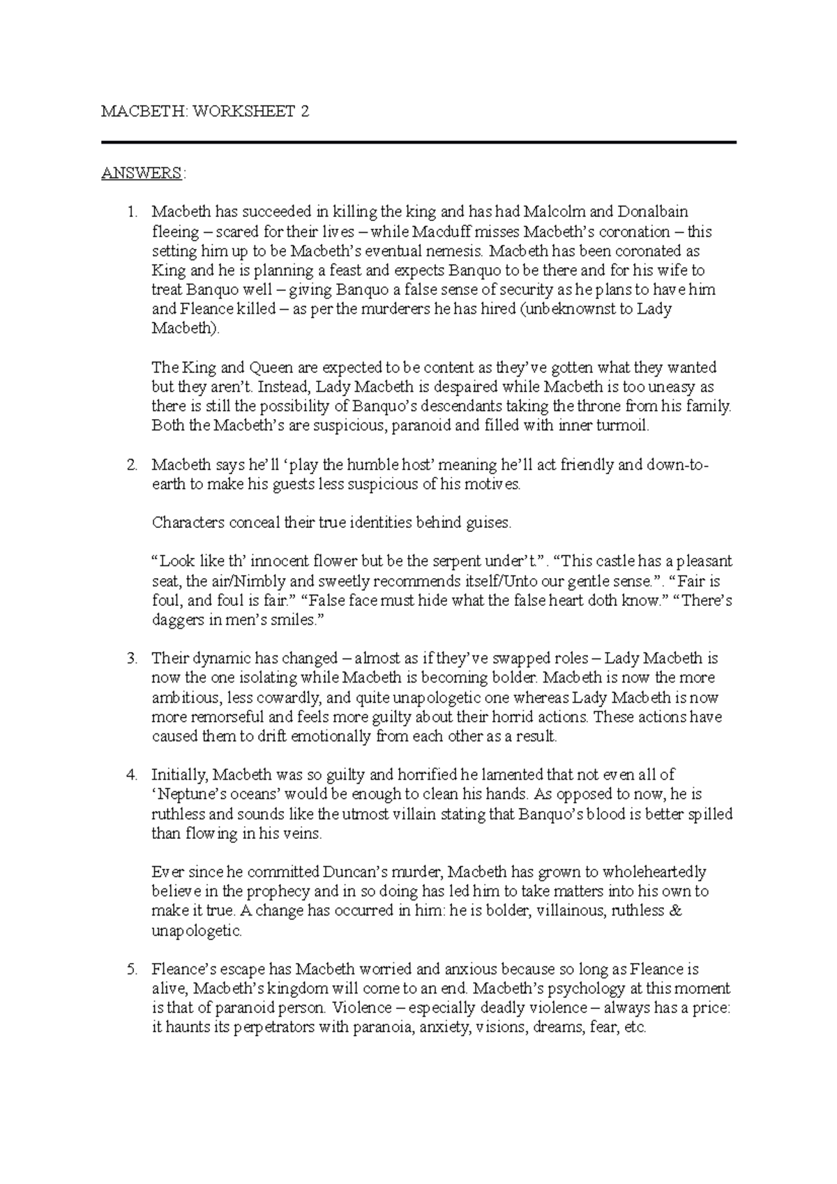 Macbeth Practical Worksheet 2 - MACBETH: WORKSHEET 2 ANSWERS: Macbeth ...