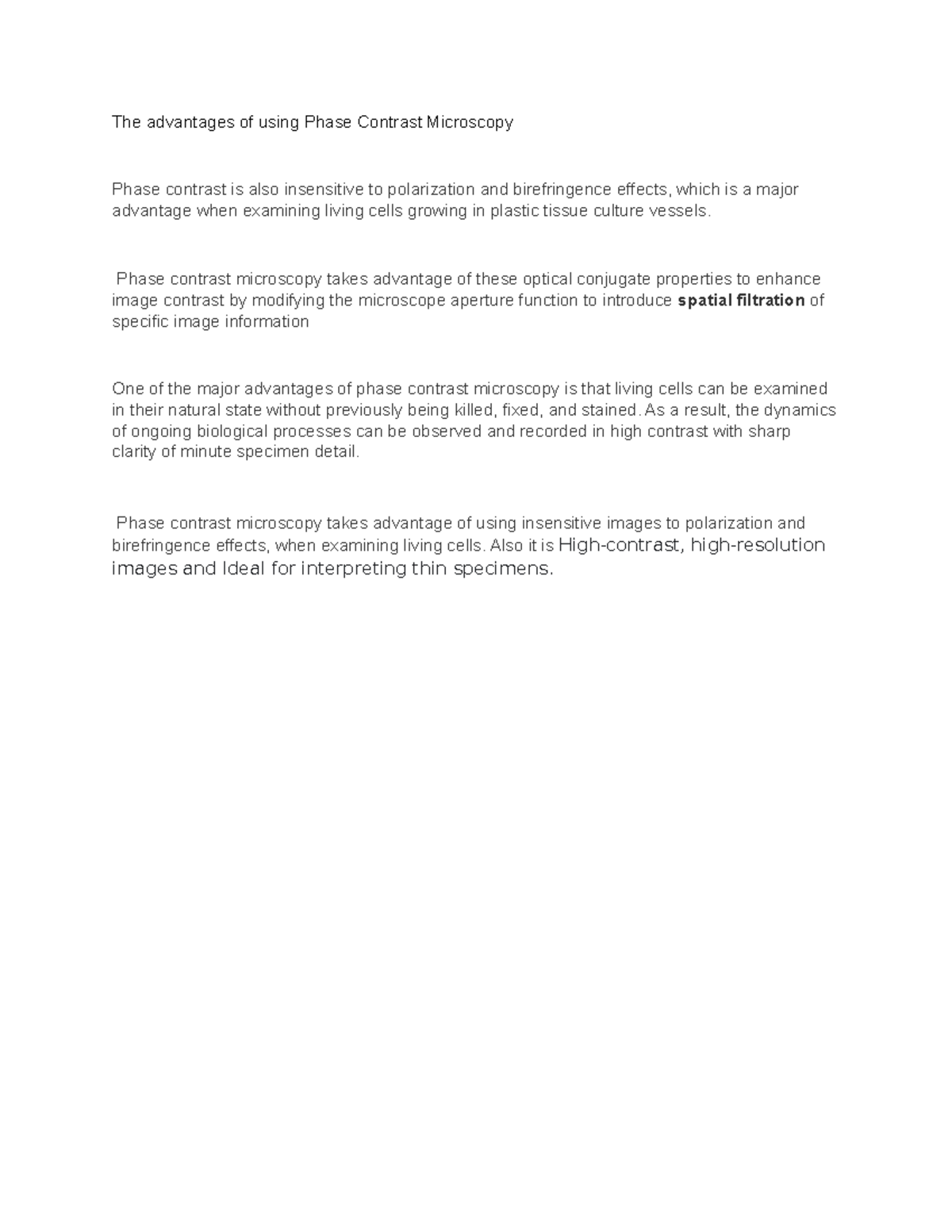 Script - Essay,Notes - The advantages of using Phase Contrast ...