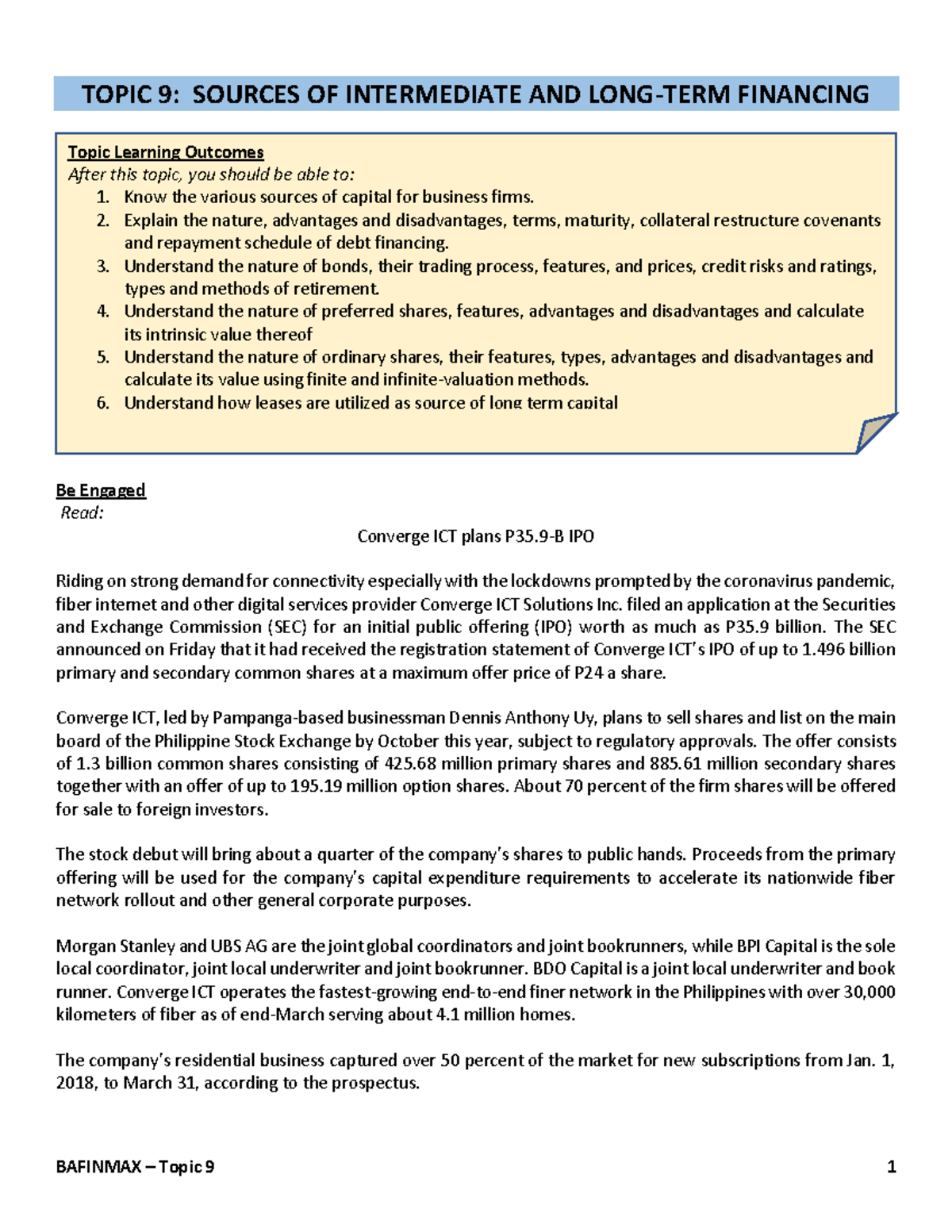 9 Sources of intermediate and Long-term Financing - TOPIC 9: SOURCES OF ...