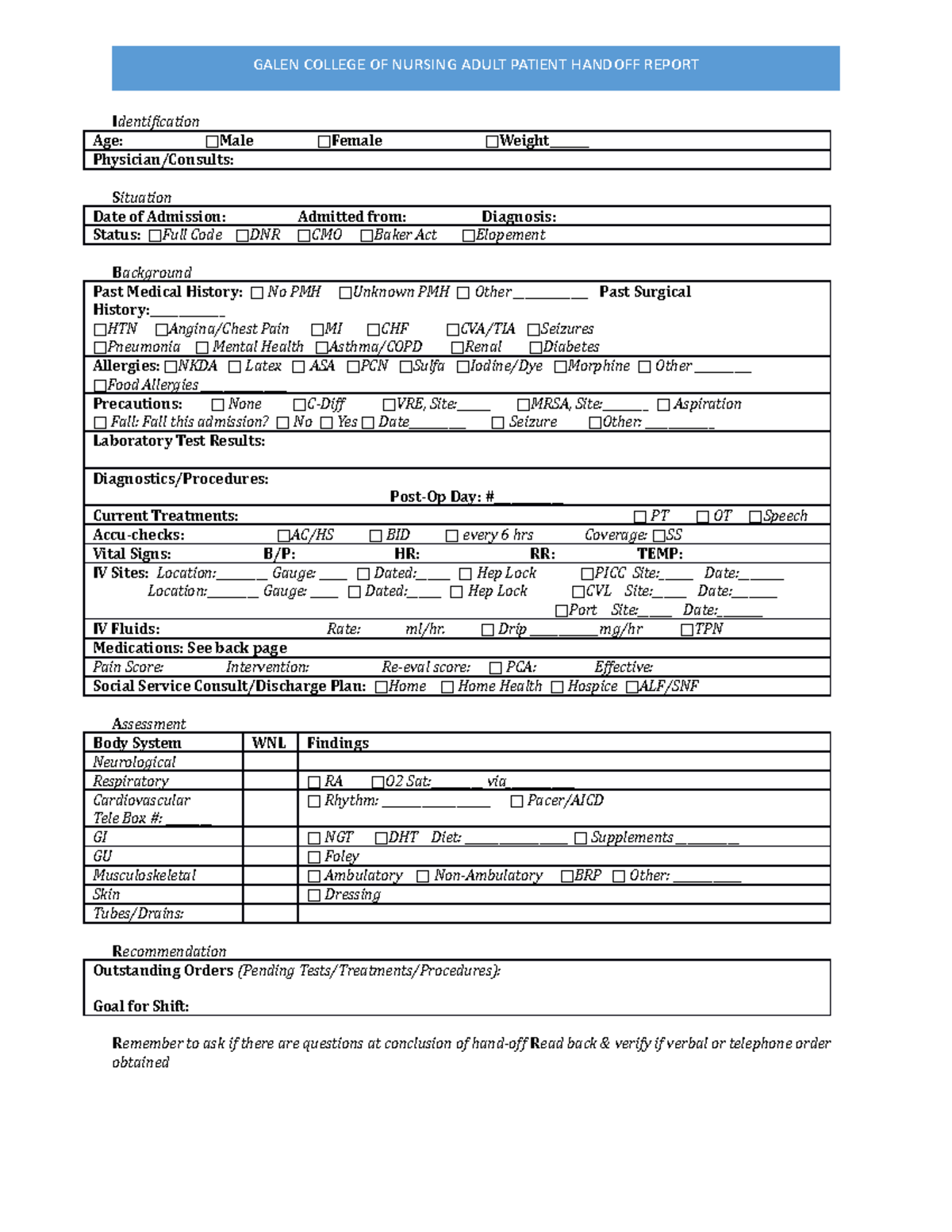 SBAR for LAB in NUR 280-1-1 - I dentification Age: Male Female Weight ...
