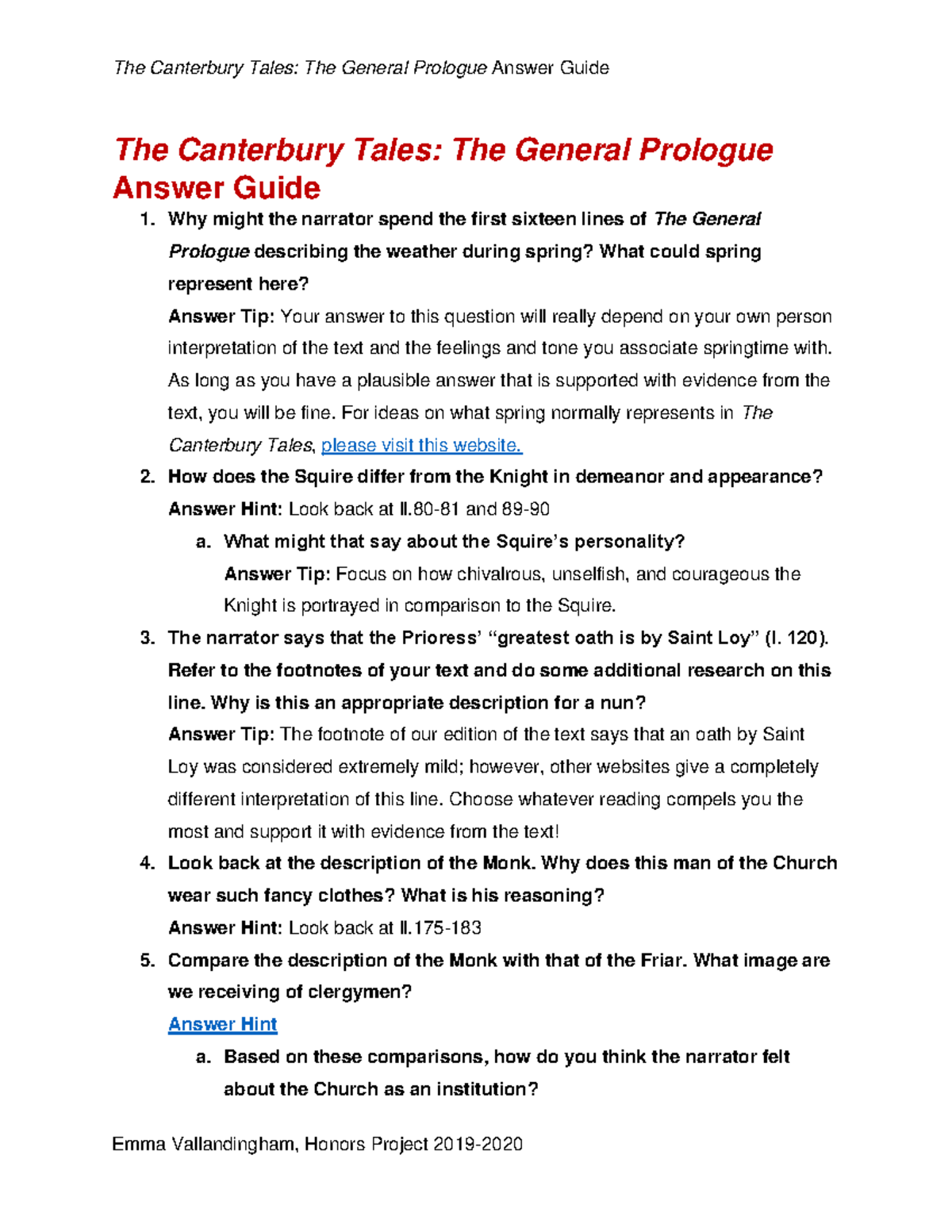 Honor project tct general prologue answer guide - The Canterbury Tales ...